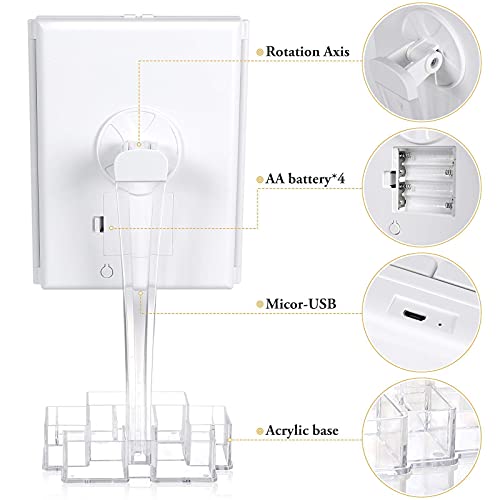 ProYankiot Makeup Mirror Vanity Mirror with Lights,Trifold Lighted Vanity Mirror with 38 LED Lights and Storage 3X/2X/1X Magnification, Touch Screen Switch, 90 Degree Rotation,White