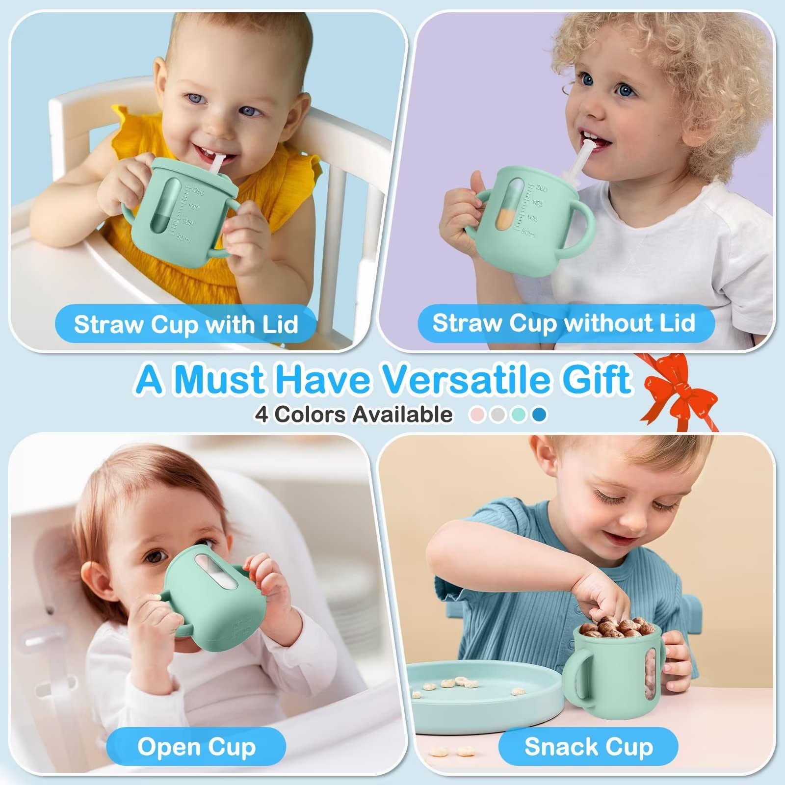 Palmatte Baby Toddler Cups with Straw: 200ml Perspective Silicone Training Cup with Lid Handle Marks for Infants 6 Months+, Open Sippy Cup Baby Led Weaning Supplies Baby Shower Gifts (Sage Green)