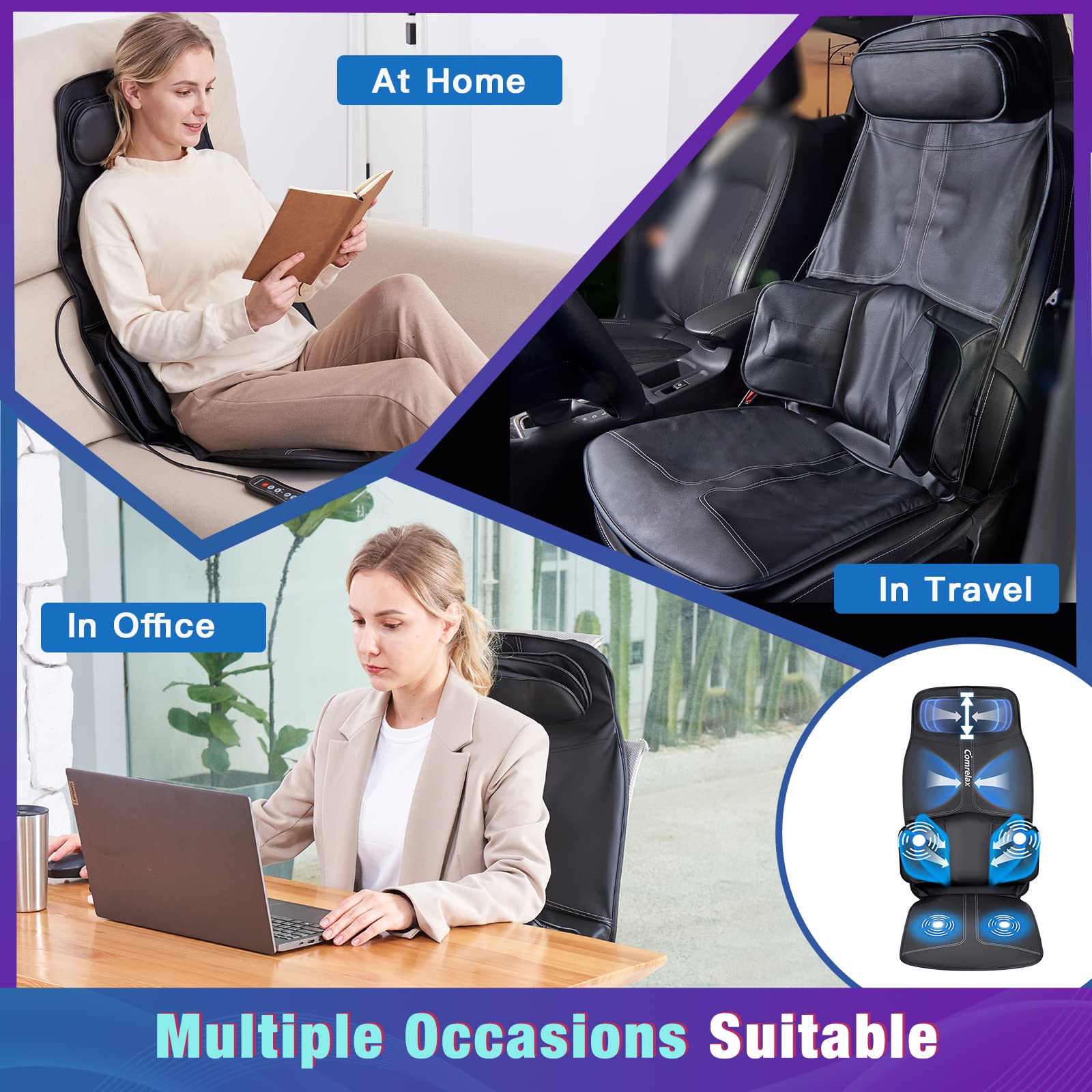 SLOTHMORE Back Massager Pad Vibrating Back Massager, Height-Adjustable Massage Chair Pad for Home Office Use, 3 Modes & 3 Intensities to Compress and Relieve Massagers for Neck and Back, Soft Leather
