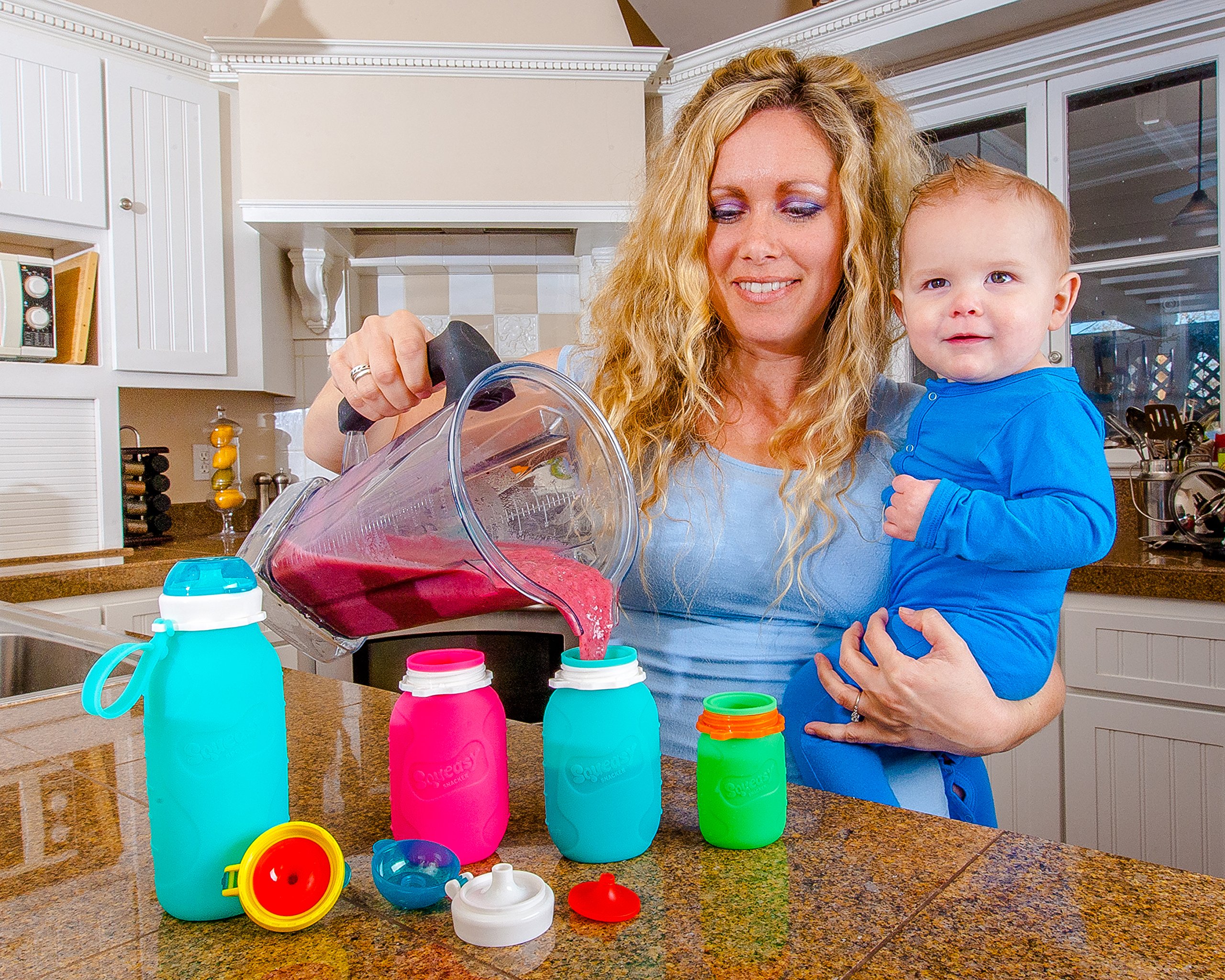 Purple 3.5 oz Squeasy Snacker Spill Proof Silicone Reusable Food Pouch - for Both Soft Foods and Liquids - Water, Apple Sauce, Yogurt, Smoothies, Baby Food - Dishwasher Safe