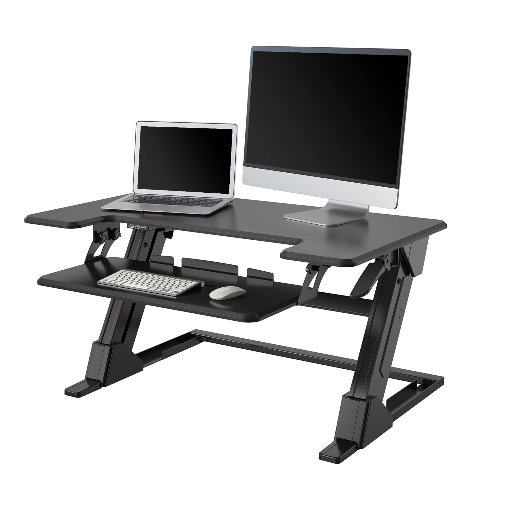 RealspaceĀ® P20 Standing Desk Converter With USB And Keyboard Tray, 19-3/10"H x 35-2/5"W x 23-1/5"D, Black