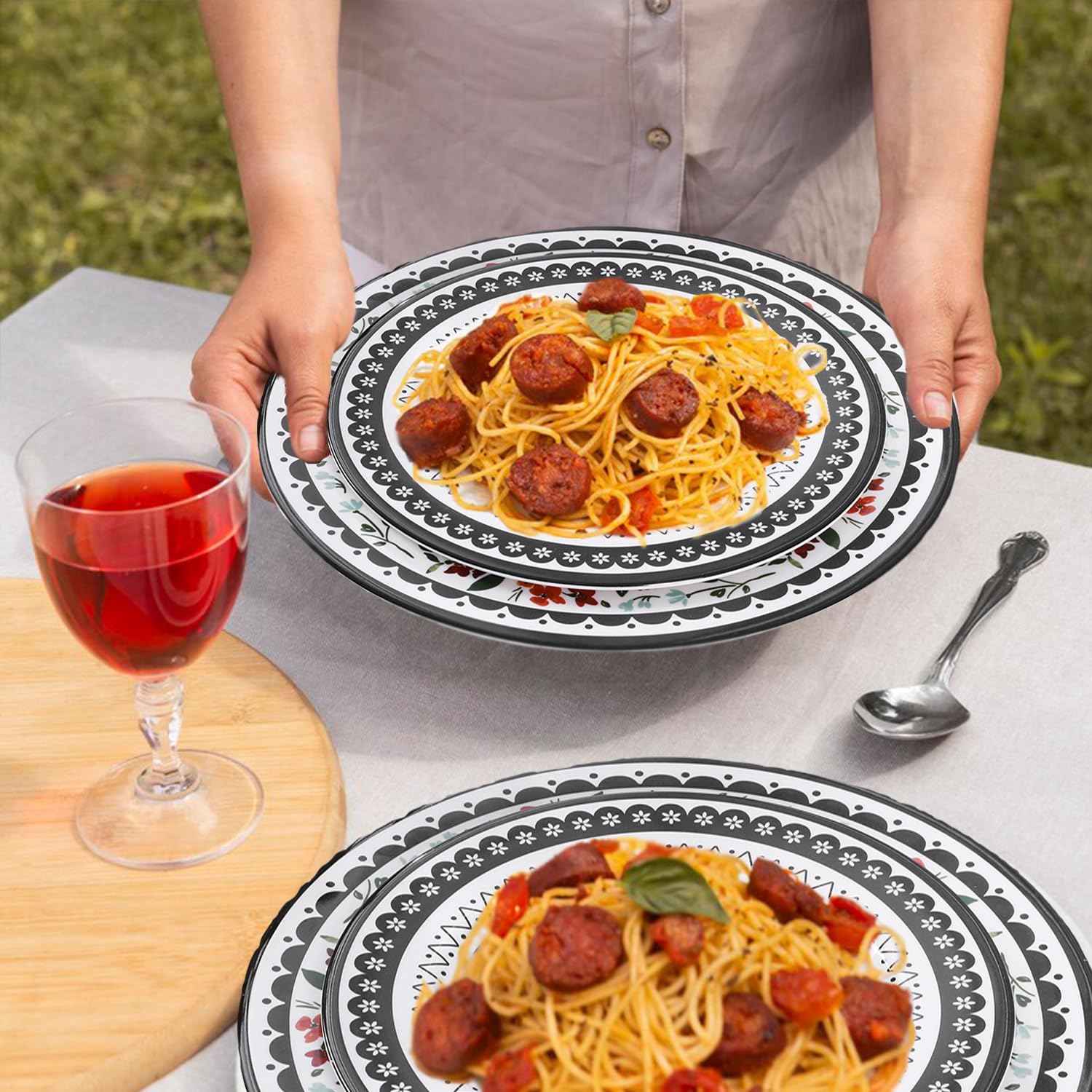 Melamine Dishes Dinnerware Sets - 12pcs Melamine Dinner Plates, Salad Plates and Bowls, for Everyday Use (Imitation Blue)