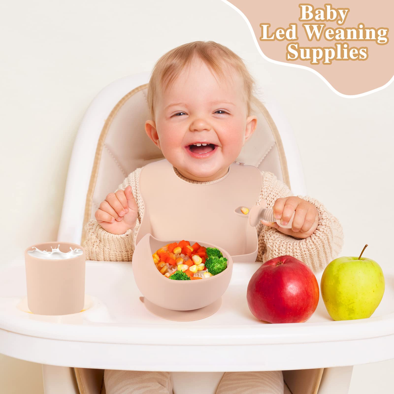Pimoys 6 Pack Silicone Baby Feeding Set Baby Led Weaning Supplies Suction Bowl Plate Bib Tiny Cup Toddler Dishes with Fork & Spoon, Baby Eating Utensils Microwave & Dishwasher Safe