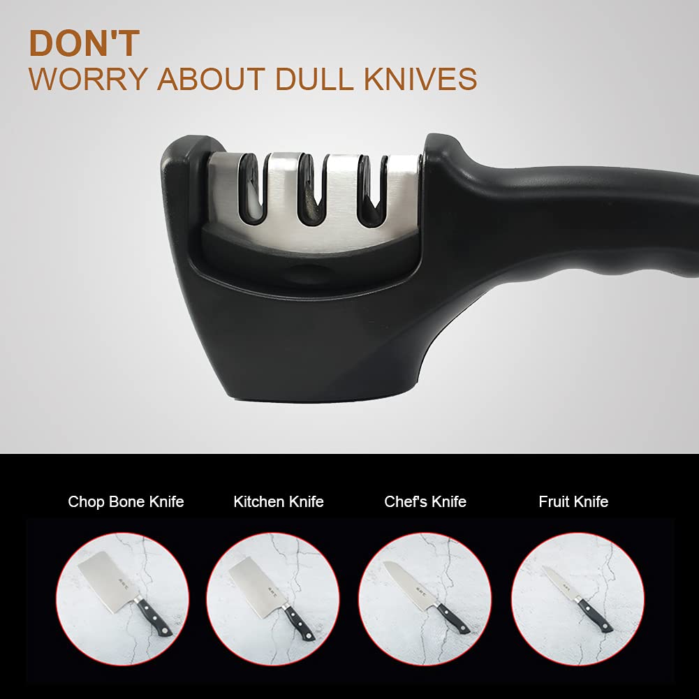 Professional Kitchen Knife Sharpener, 3 Stage Knife Sharpener, Handheld Manual Knife Sharpener Suitable for 99% of Knives, Sharp, Rough Grinding, Fine Grinding, Repair, Restore, Polish (102KS)