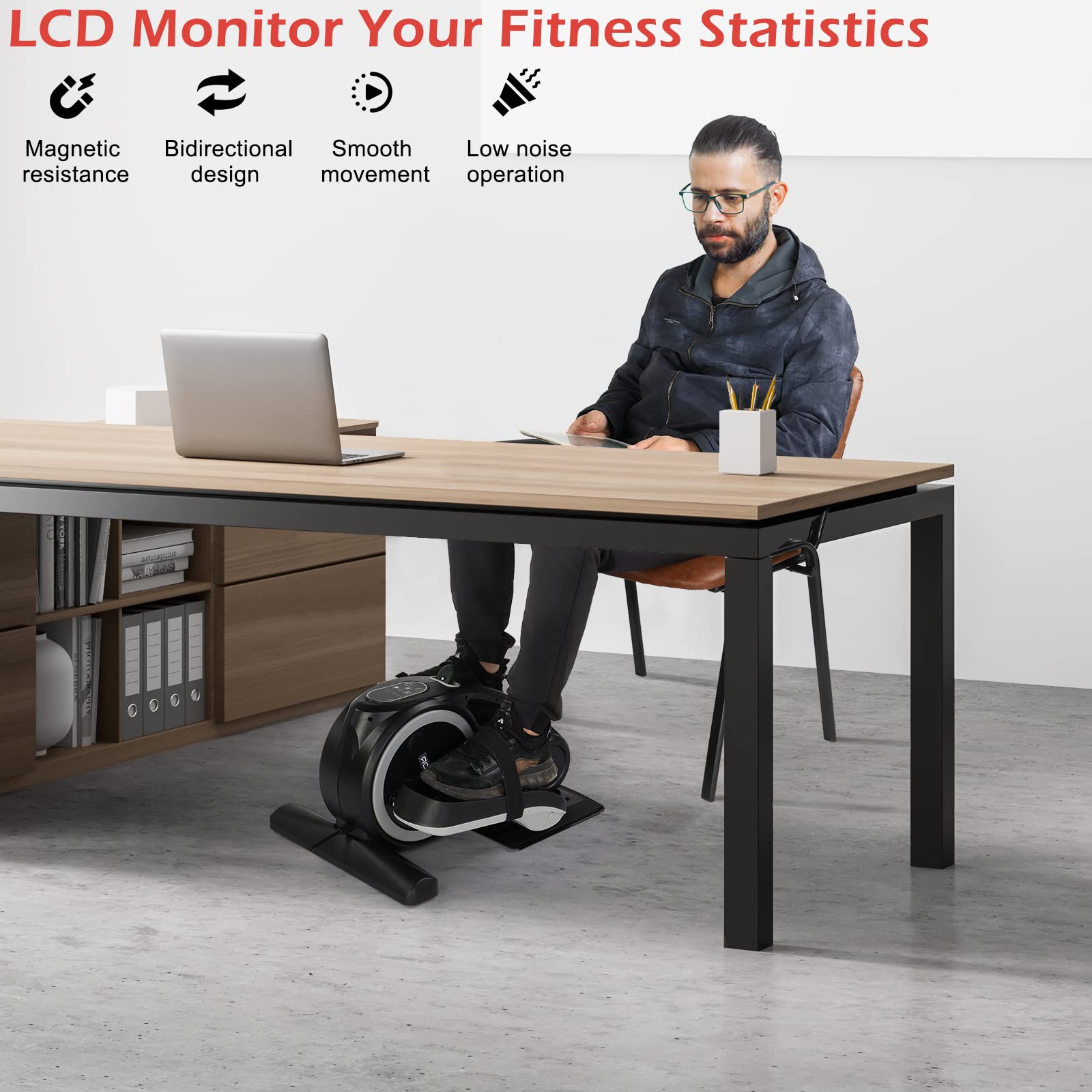 PEXMOR Under Desk Elliptical Machine, Mini Elliptical Exercise Bike Adjustable Resistance with Display Monitor & Non-Slip Pedal, Portable Desk Pedal Elliptical Exerciser Quiet for Home Office (Black)