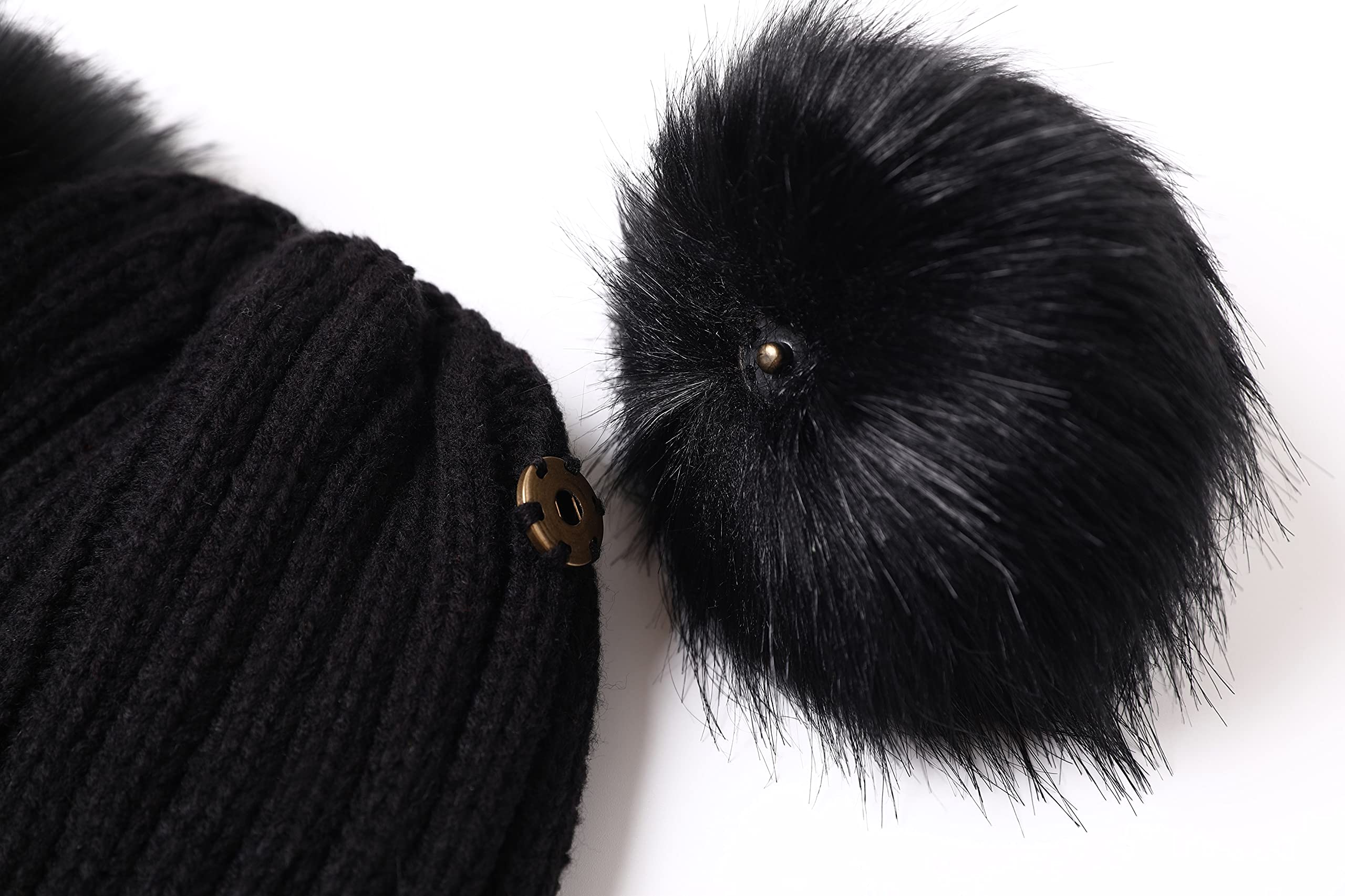 Roniky Womens Winter Hat Cable Knit Silk Satin Lined Beanie for Women Girls Double Faux Fur Pom Pom Ears Black