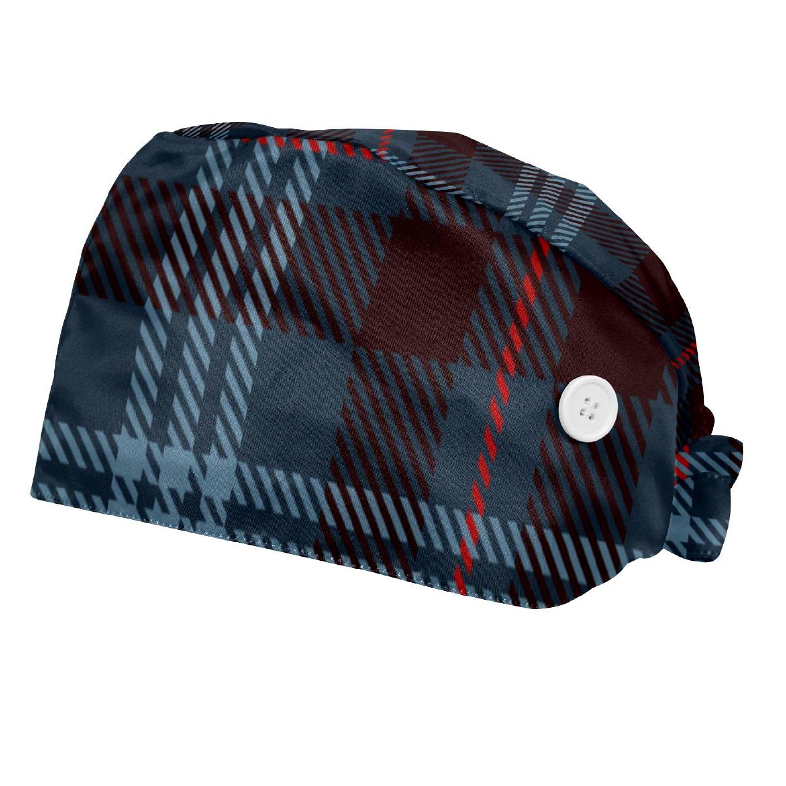 Pshhdgyhs 2 Pcs Adjustable Working Cap with Button, Tartan Plaid Pattern Navy Blue Black Surgical Cap Sweatband, Tie Back Hats for Women & Men Multicolor Hat diameter is 18cm/7in