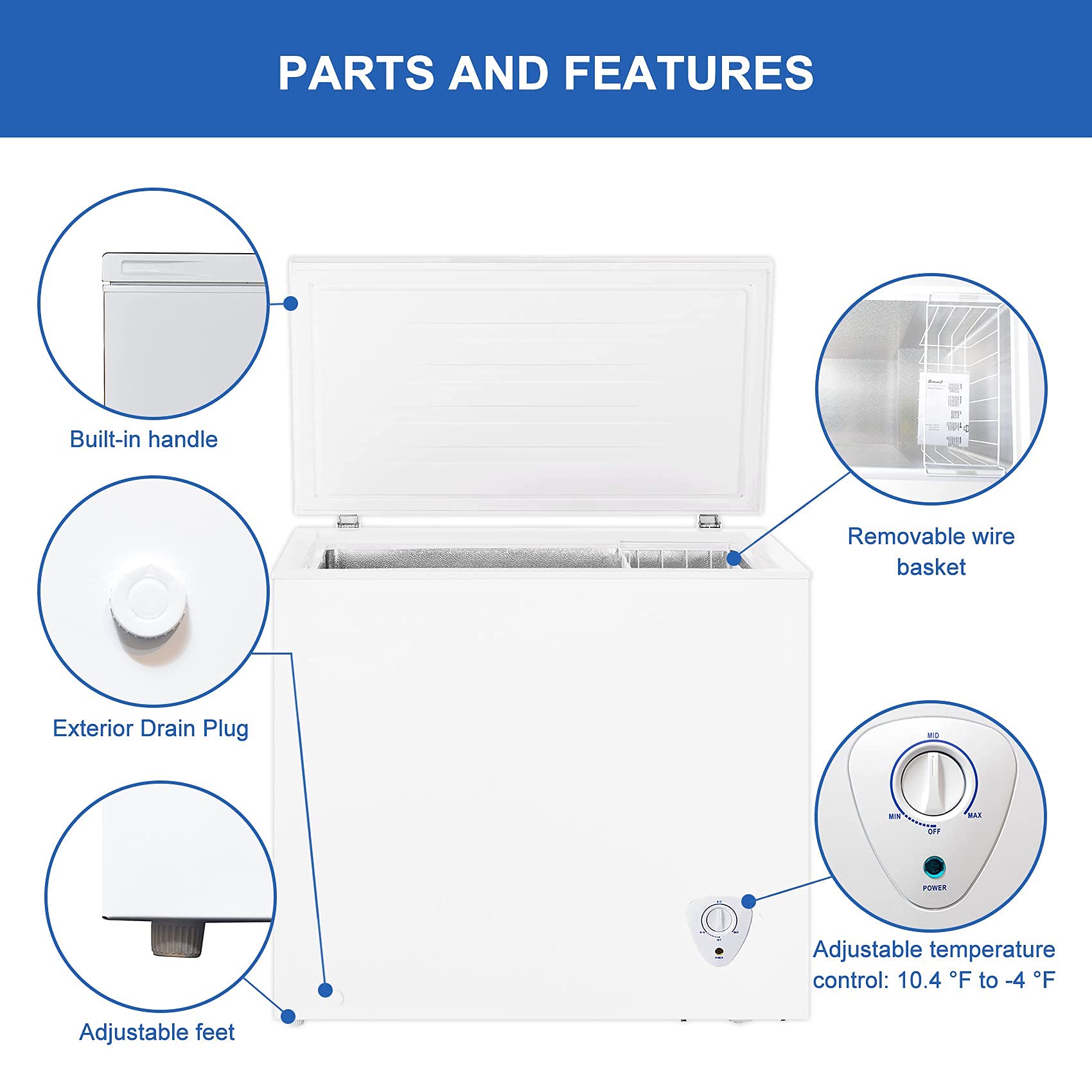 SMETA Deep Freezer Chest Freezer 7.0 Cubic Feet Freezers Chest 8 cu. ft Meat Freezer for Office, Home, Kitchen, Garage Ready Outdoor with Removable Basket Thermostat Control for Apartment Dorm, White