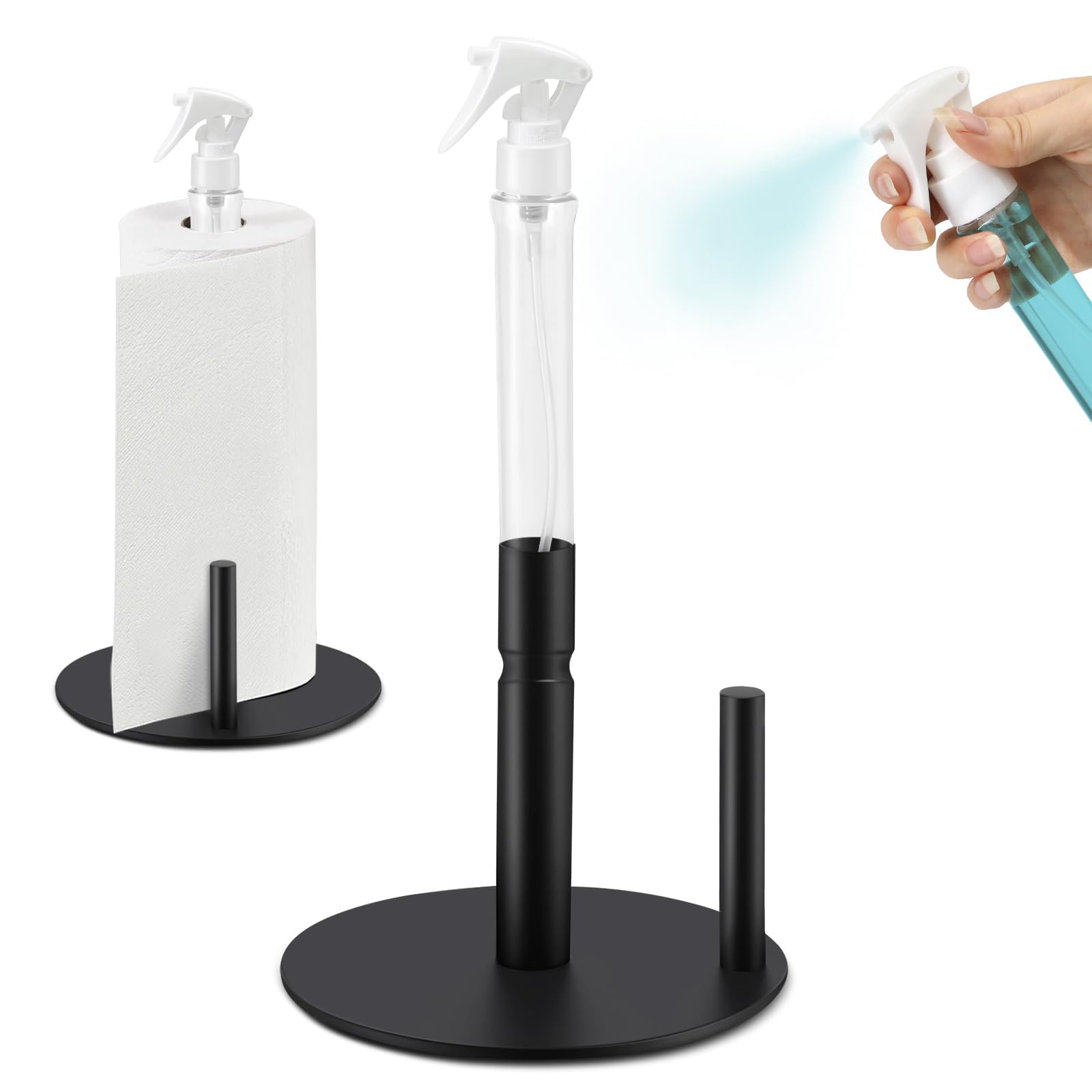 Paper Towel Holder with Spray Bottle,Stainless Steel Countertop Paper Towel Holder for Kitchen Bedroom and Bathroom, One-Handed Operation Kitchen Paper Towels Holder with Non Slip Weighted Base Black