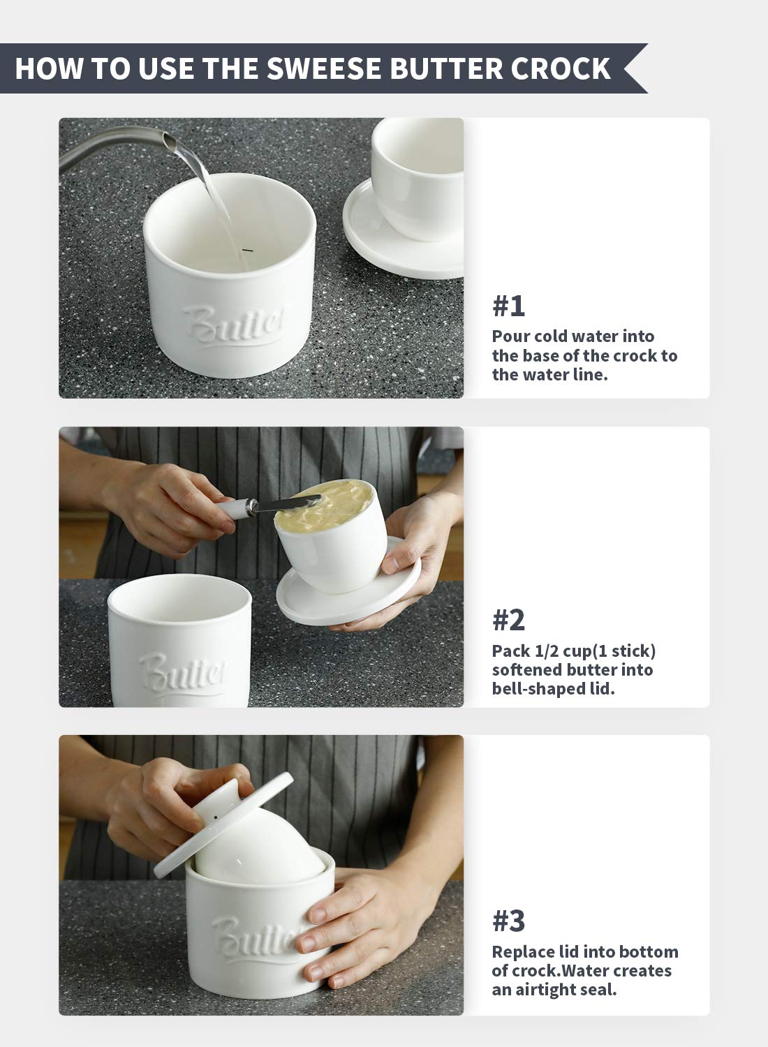 Sweese 322.101 Porcelain Butter Crock Keeper - French Butter Dish with Lid - Butter Relief, White