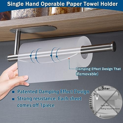 Paper Towel Holder Under Cabinet, Single Hand Operable Wall Mount with Damping Effect,Self-Adhesive Or Drilling Under Cabinet Paper Towel Holder,SUS304 Brushed Stainless