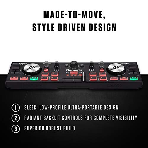 Numark DJ2GO2 Touch β Compact 2 Deck USB DJ Controller For Serato DJ with a Mixer / Crossfader, Audio Interface and Touch Capacitive Jog Wheels,Black