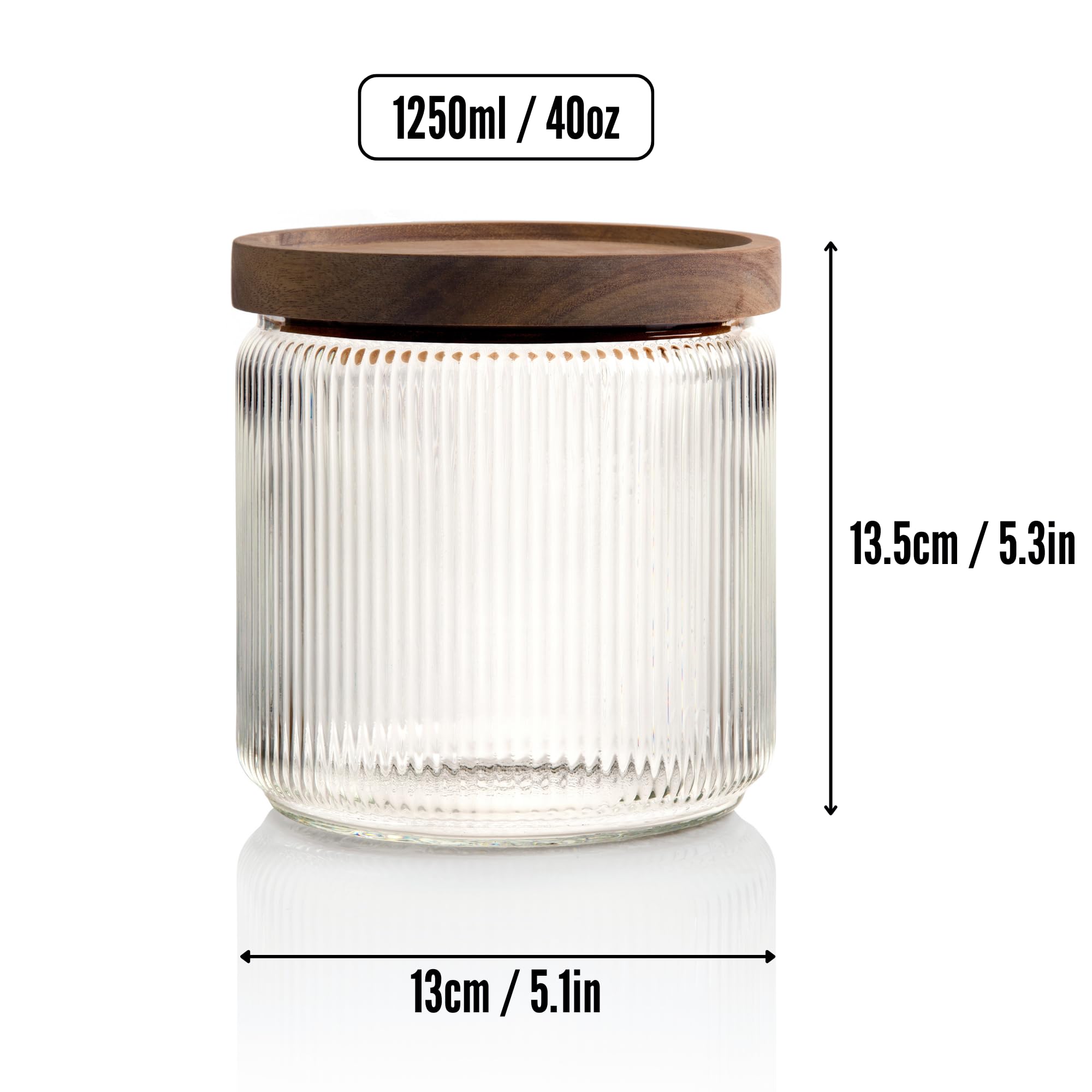 Mason & Fable 12 fl oz, 350ml Glass Food Storage Jars with Wood Lids (6pcs) - Stylish Ribbed Pattern for Kitchen Organization and Storage Containers for Spice, Tea, Coffee/Sugar