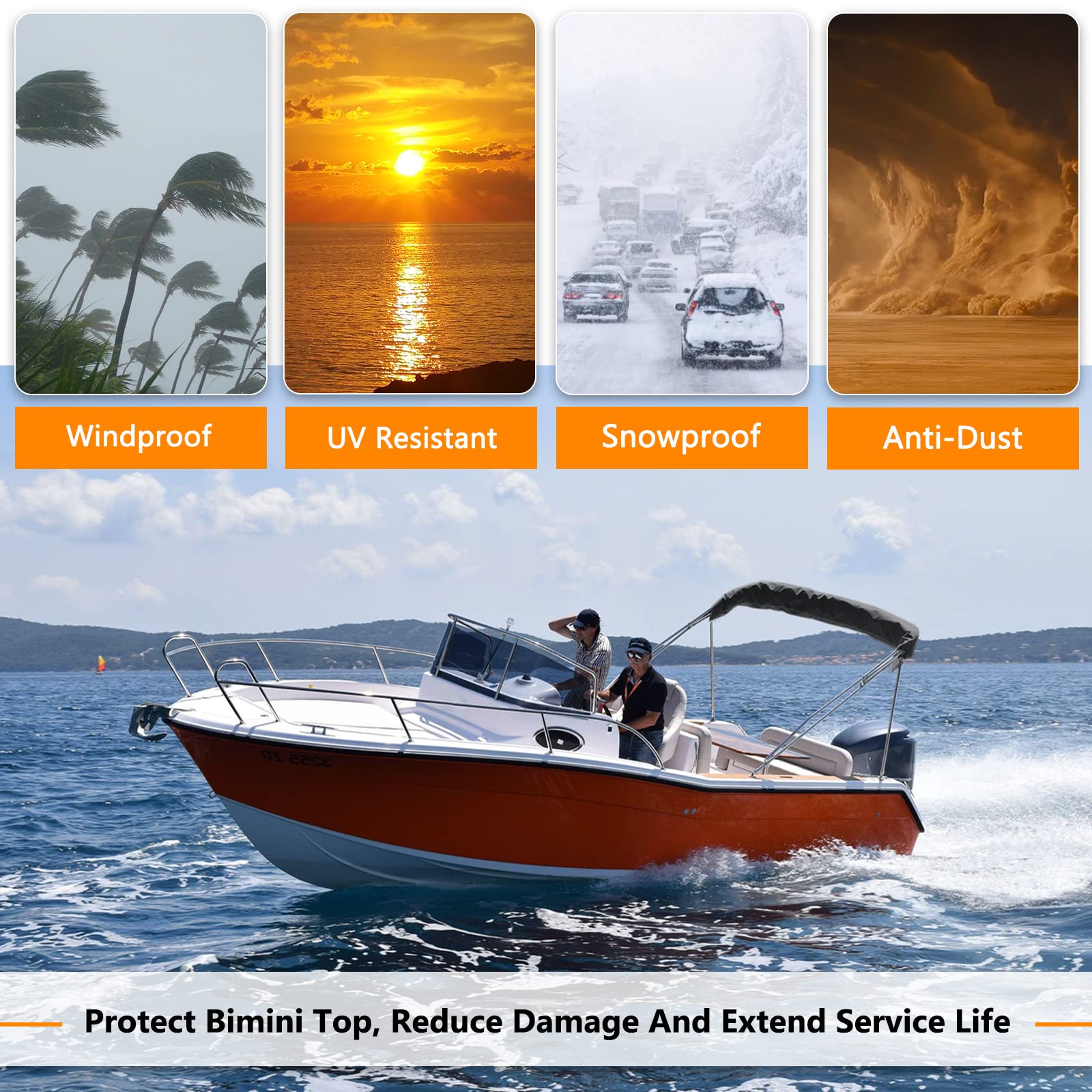 STARTWO Bimini Top Boot Cover,Storage Boat Replacement Cover Fit for 3-4 Bow Bimini Tops, Boat Bimini Cover Waterproof and UV Resistant(M:56-76in)