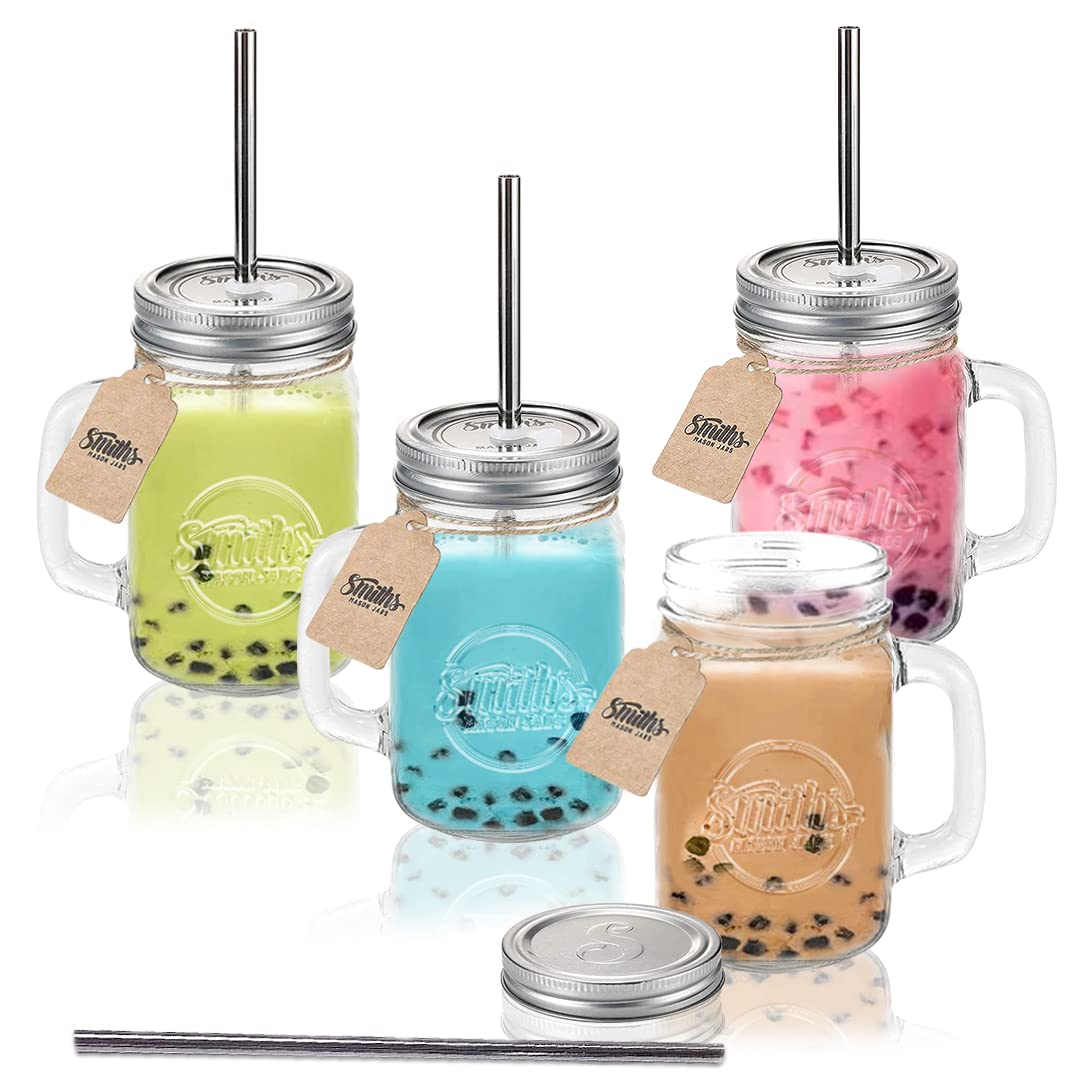 Smith's Mason Jars 16oz/473ml 4-pc Glass Cups with lid, straw and Handles - Smoothie glasses - Good for Milkshake, Juices, Ice Coffee Ideal for Picnics DIY Drinks and Outdoor Activity