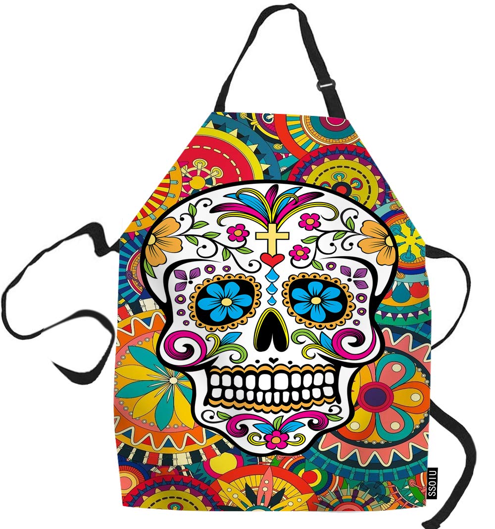 SSOIU Skull Cooking Apron, Art Floral Sugar Skull Kitchen Apron For Baking/BBQ Men Women Unisex Waterproof 31X27 Inches