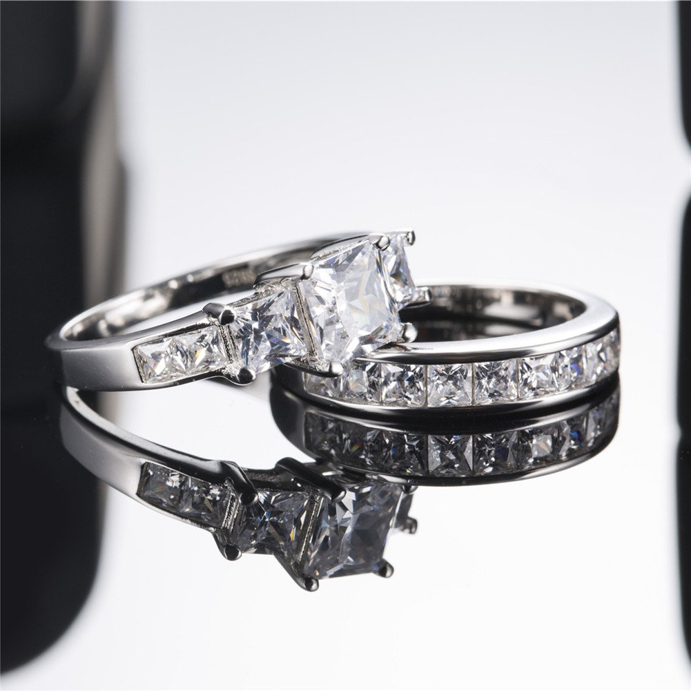 MABELLA Sterling Silver Ring for Women - 3 Stone CZ Princess Cut Engagement Ring - Cute Silver Wedding Ring Bands for Women - Bridal Womens Ring Set - Unique Gift for Her - 2 Pcs - Size 6