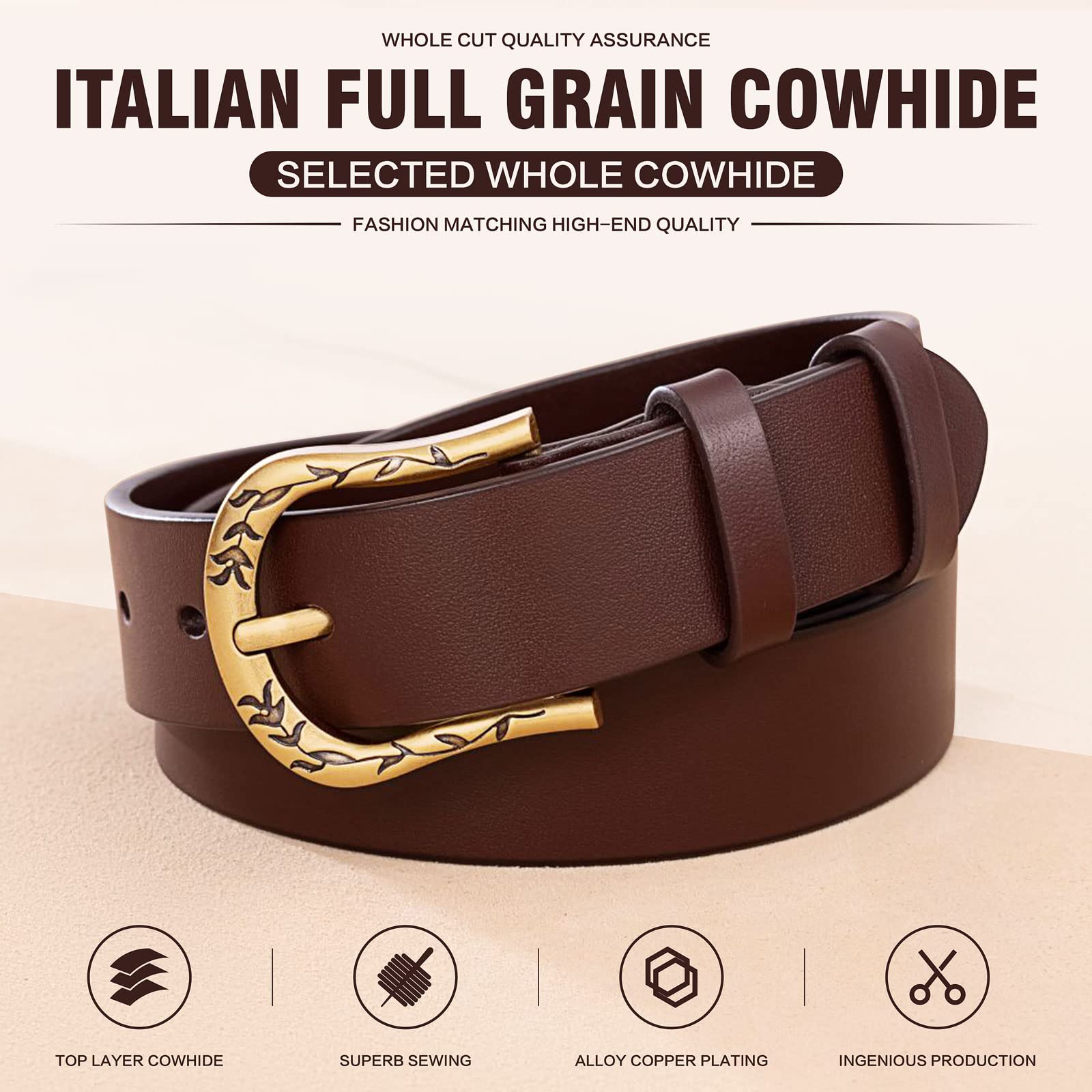 wolksprong Women's Belts for Jeans, Maximum Thickness Womens Belt 1.1" Width Full Grain Leather With Gold Buckle Gift Box