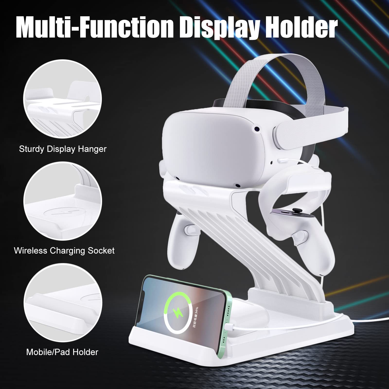 VR Stand 3 in 1 Multi-Function Display Charging Dock and Organizer for Oculus Quest 1/2 Oculus Rift S, Oculus Rift Meta Quest Pro with Wireless Charger for Airpods and Mobiles