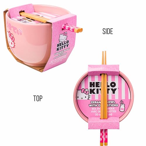 Silver Buffalo Sanrio Hello Kitty Strawberry Milk Japanese Character Ceramic Ramen Rice Bowl with Chopsticks, 20 Ounces, Pink