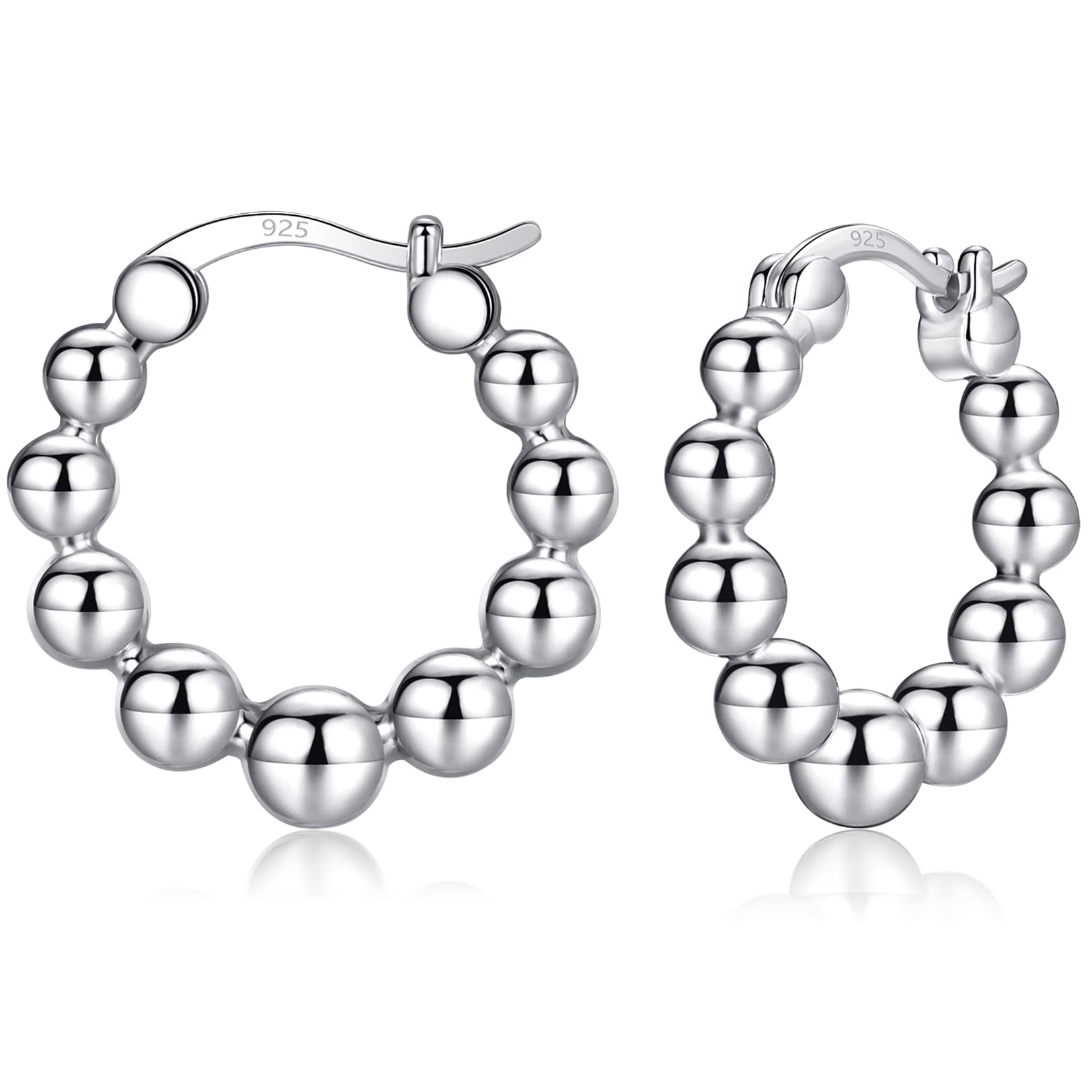 Nupdot Chunky Silver Hoop Earrings for Women | Thick 925 Sterling Silver Post Beaded Ball Huggies Earrings Lightweight Hypoallergenic Hoops Jewelry Gifts. 15mm