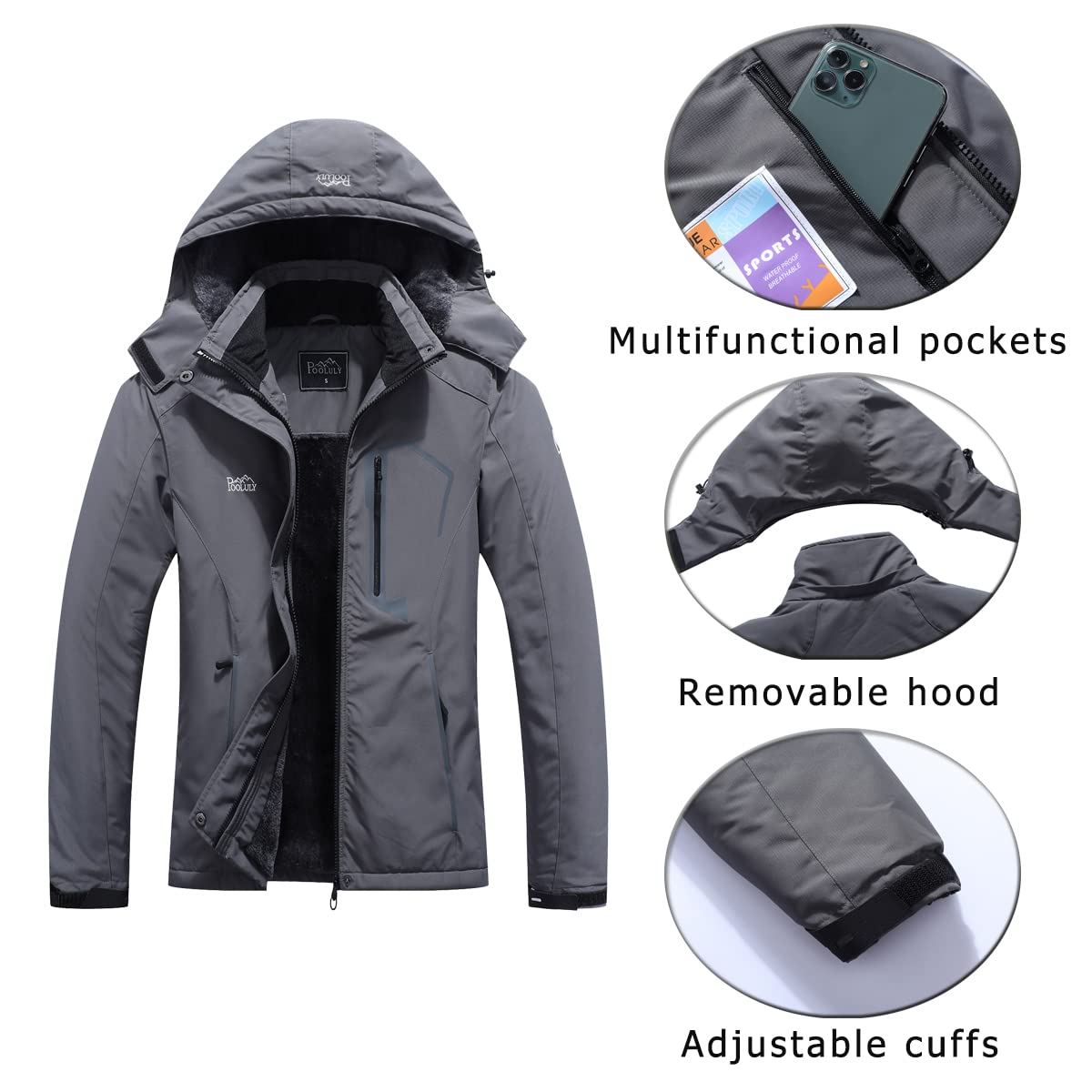 Pooluly Women's Ski Jacket Warm Winter Waterproof Windbreaker Hooded Raincoat Snowboarding Jackets