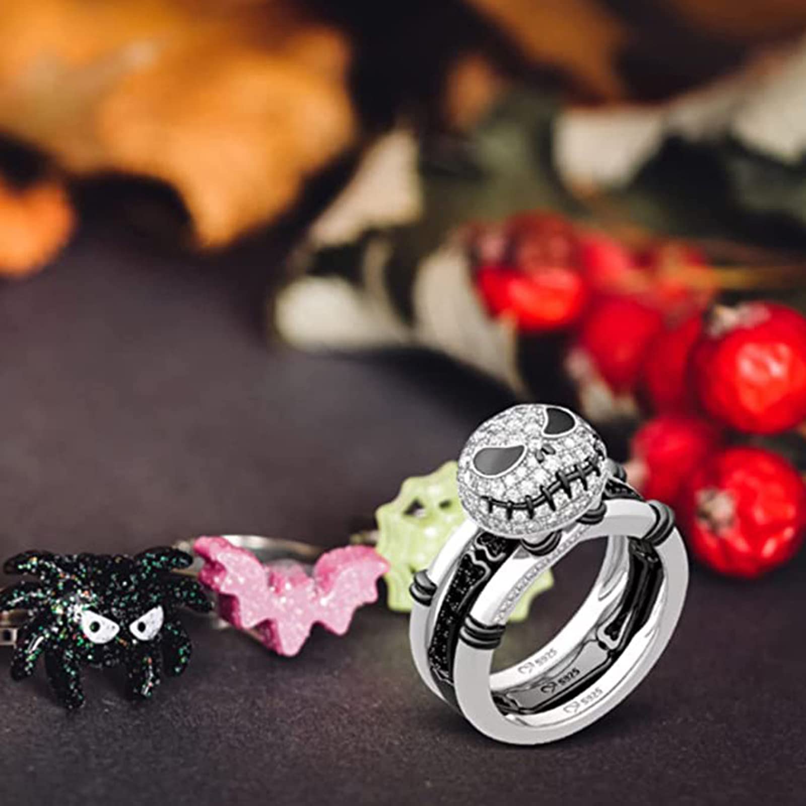 xrxebv Skull Cute Halloween Rings Christmas Ring Black and White Nightmare Before Christmas Ring 2 in 1Skeleton Rhinestone Finger Rings (2 in 1(2), 11)