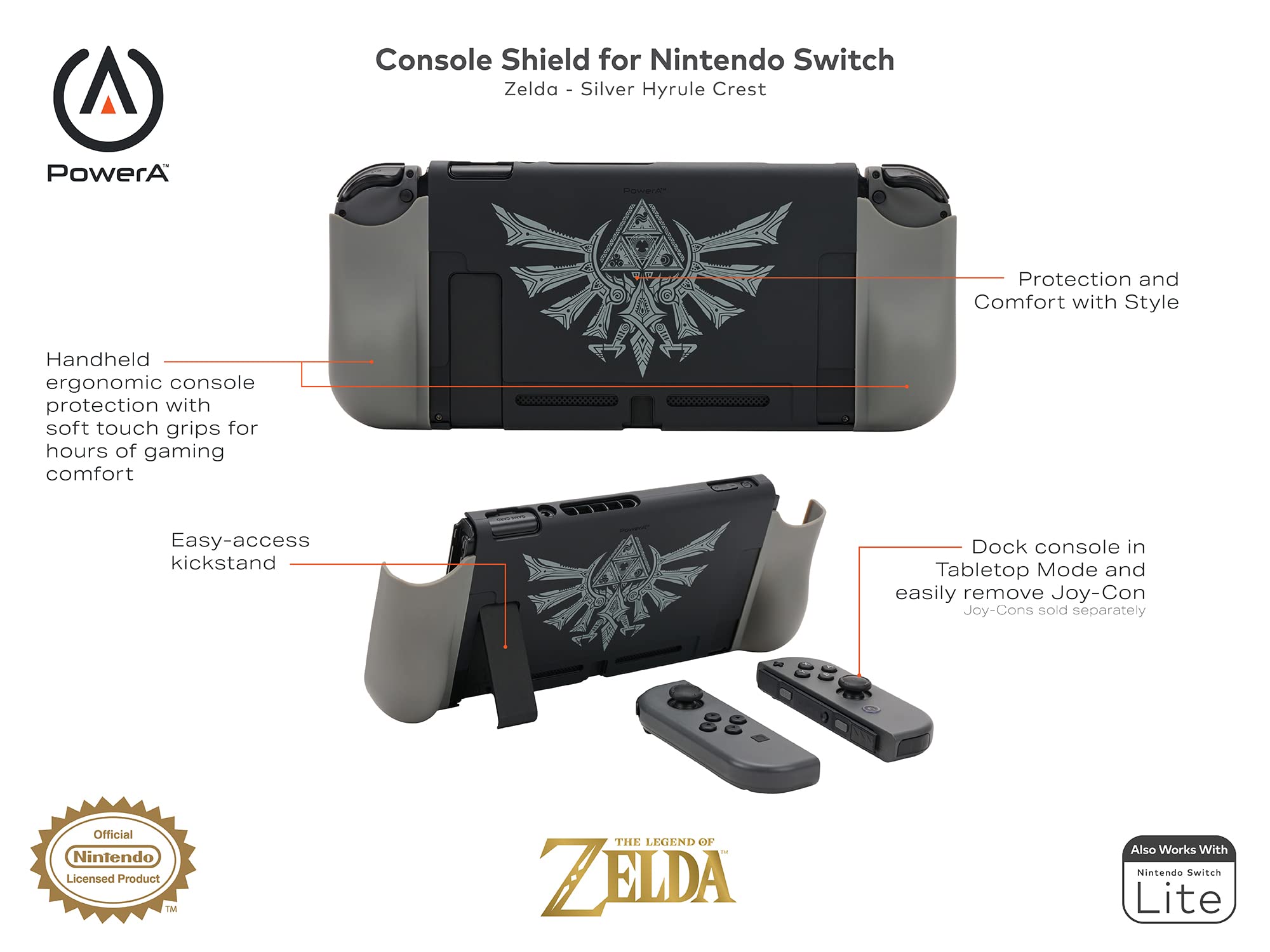 PowerA Console Shield for Nintendo Switch - Silver Hyrule Crest, Nintendo Switch, Protective Case, Gaming Case, Grip, Console Case, Accessories Storage, Officially Licensed