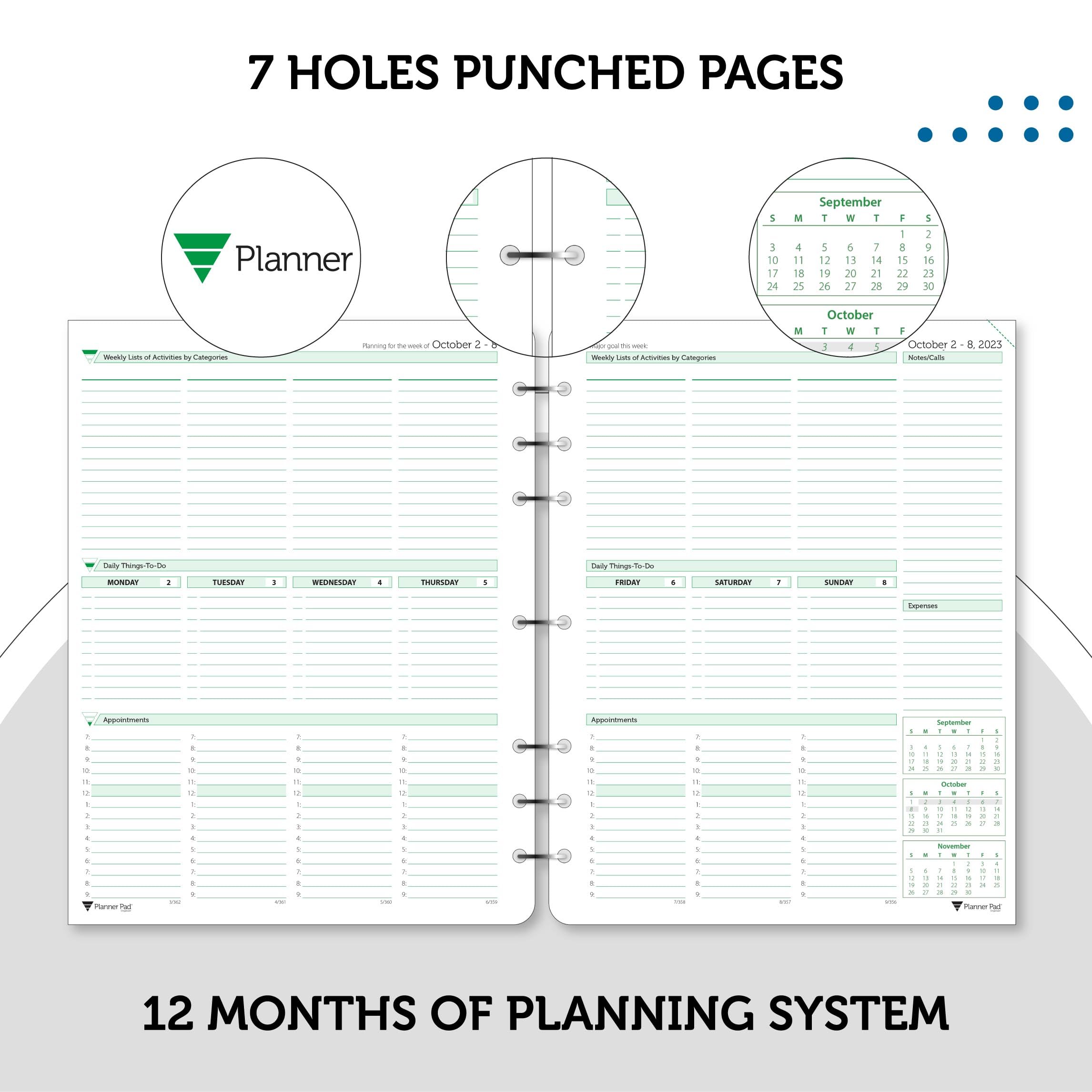 Planner Pad 7 Hole Loose Leaf 3-Tier Funnel Down 12 Month Organizer, Oct 1st Start (Oct 2023 - Sept 2024), Soft Green Ink, 8 1/2" x 11β