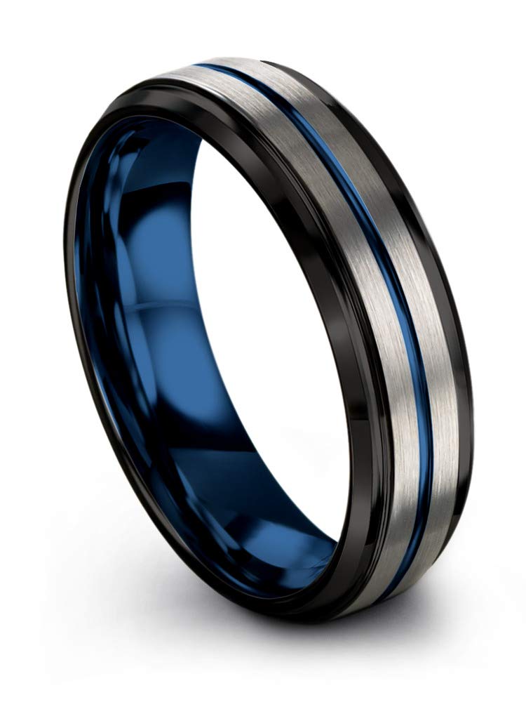 P. Manoukian Tungsten Carbide Wedding Band Ring 6mm for Men Women Blue Interior Blue Center Line Step Bevel Edge Black Grey Brushed Polished Comfort Fit Anniversary Size 6.5