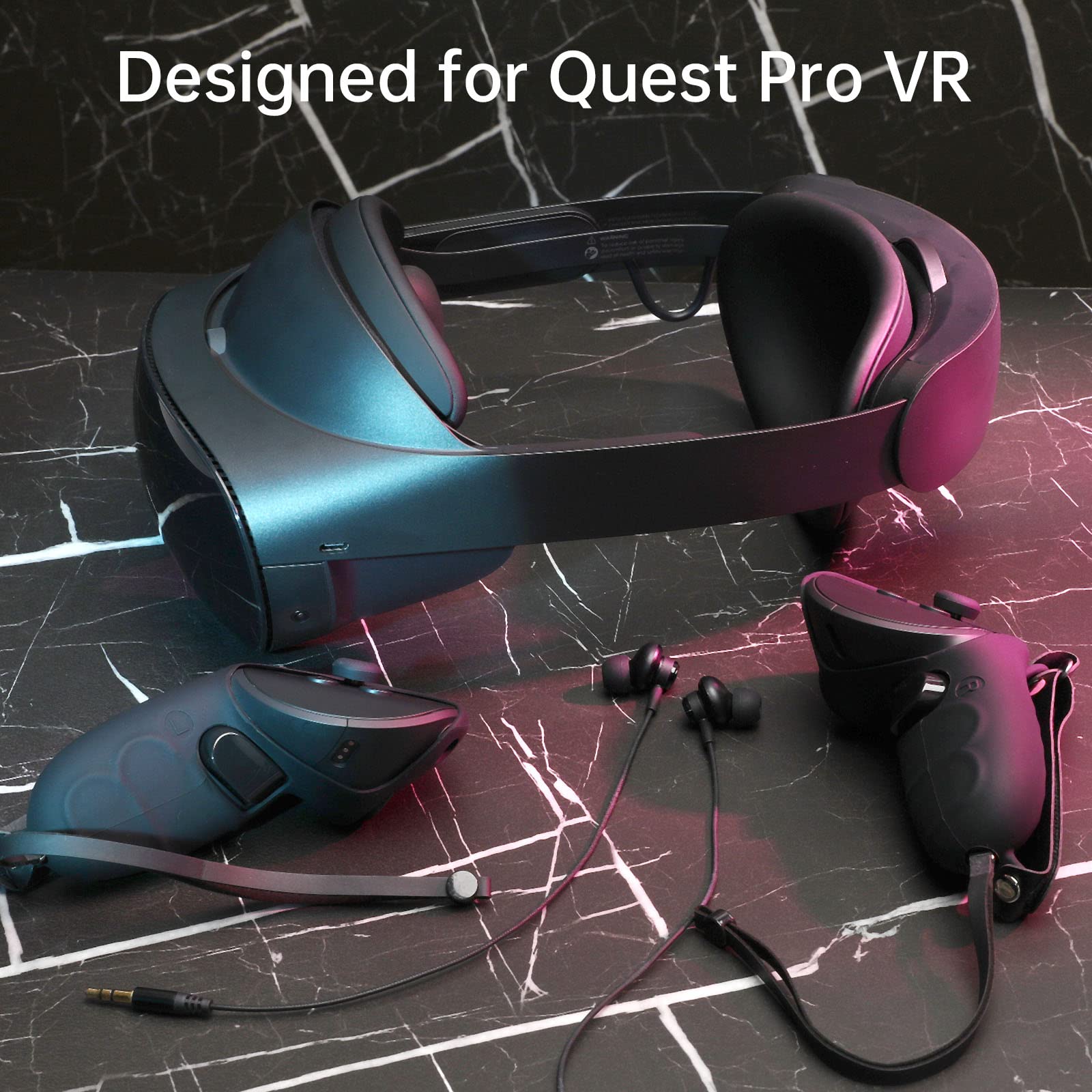 VRbrother Controller Grip Cover Compatible with Meta Quest Pro, Silicone VR Handle Protector Adjustable Wrist Knuckle Strap with VR in-Ear Earphones (Black)