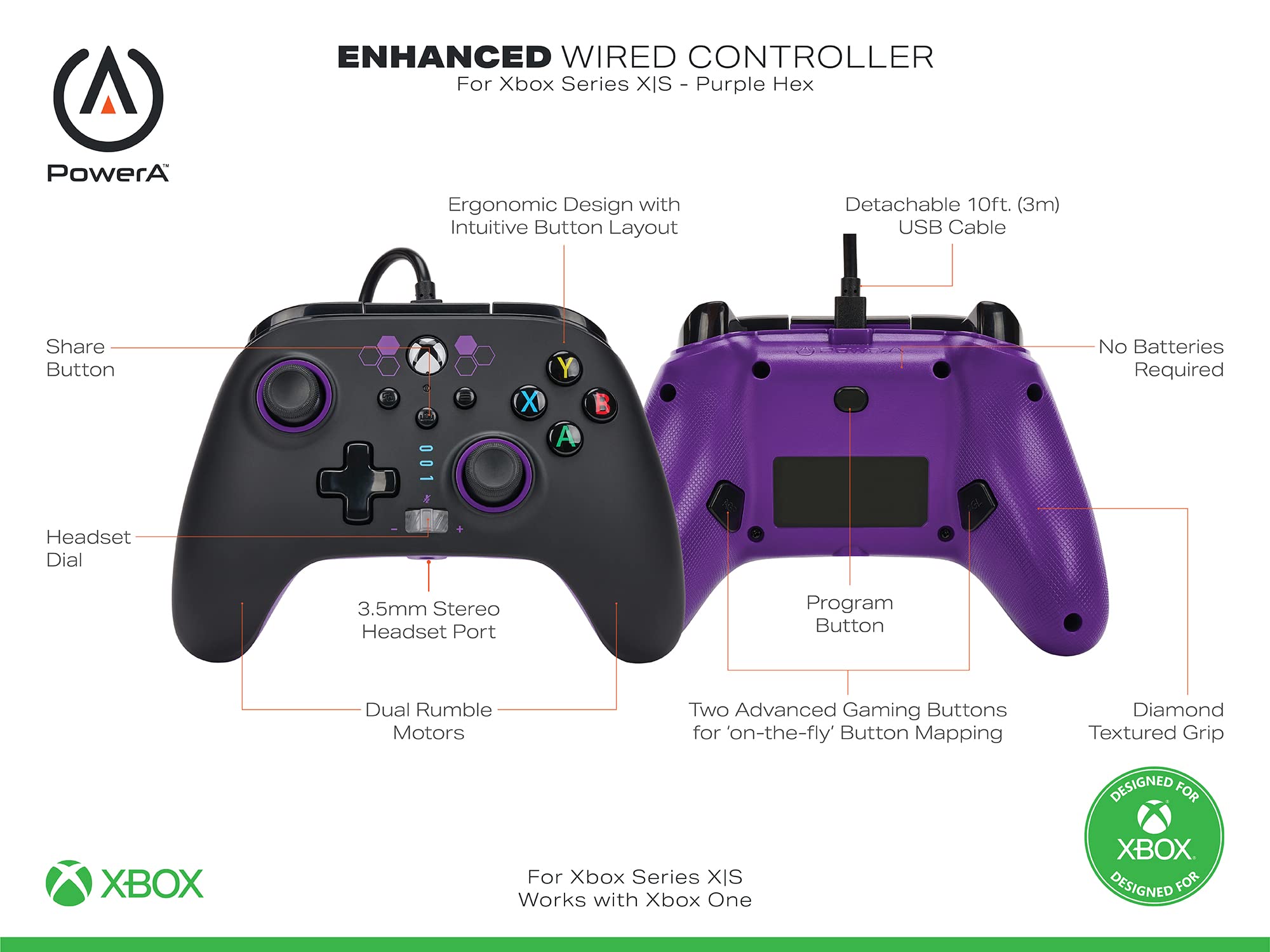 PowerA Enhanced Wired Controller for Xbox Series X|S - Purple Hex, Gamepad, Wired Video Game Controller, Gaming Controller, Xbox Series X|S - Xbox Series X (Renewed)
