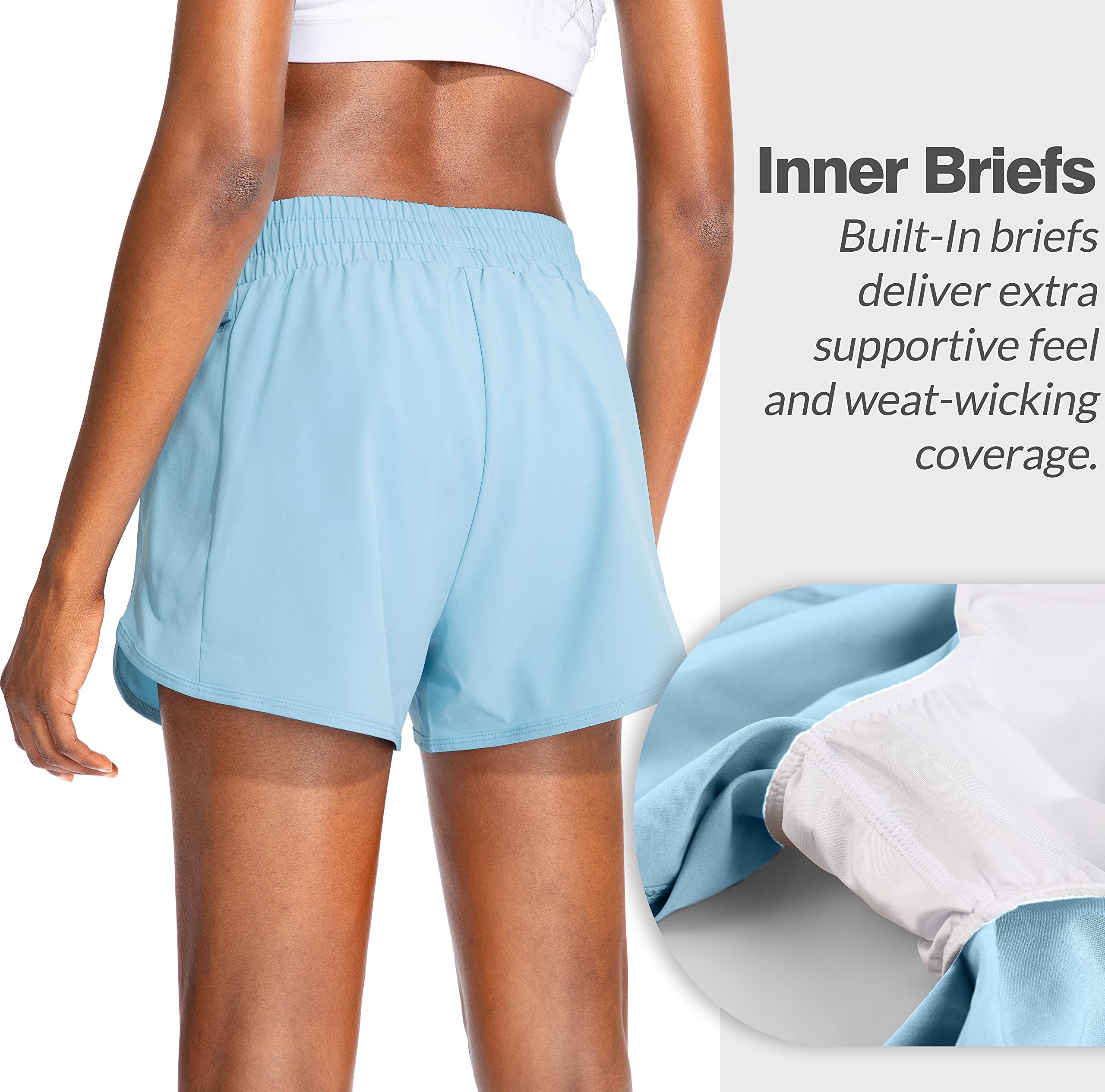 Soothfeel Womens Running Shorts with Zipper Pockets High Waisted Athletic Gym Workout Shorts for Women with Liner Light Blue