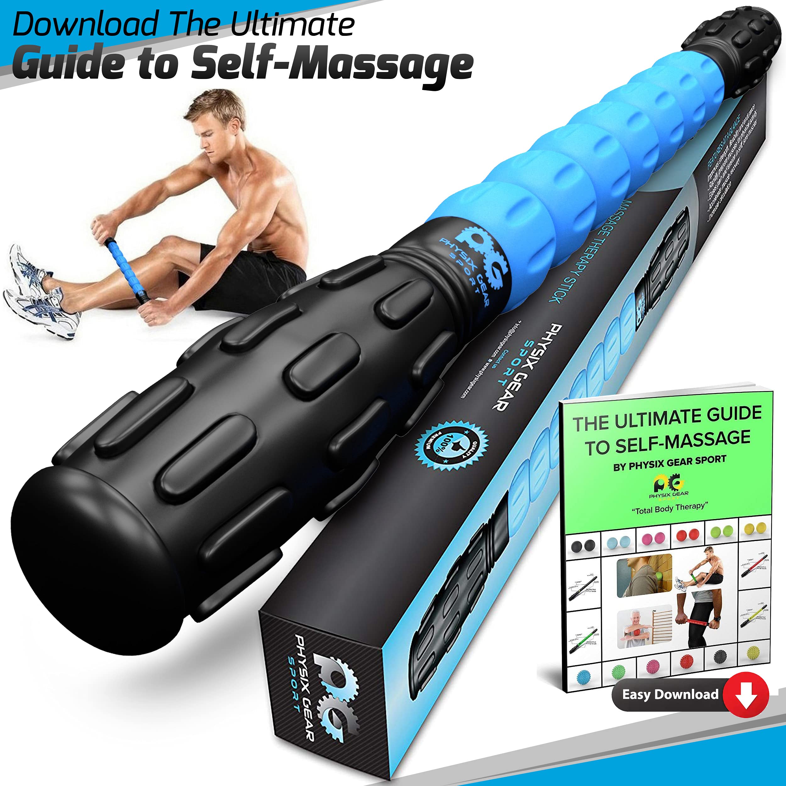Massage Roller Stick Pro - Best Body Roller for Muscles Deep Tissue, Sore Calf, Cramps, Back Tightness, Knots, Myofascial Release Physical Therapy, Recovery - Muscle Roller Stick for Athletes (Blue)