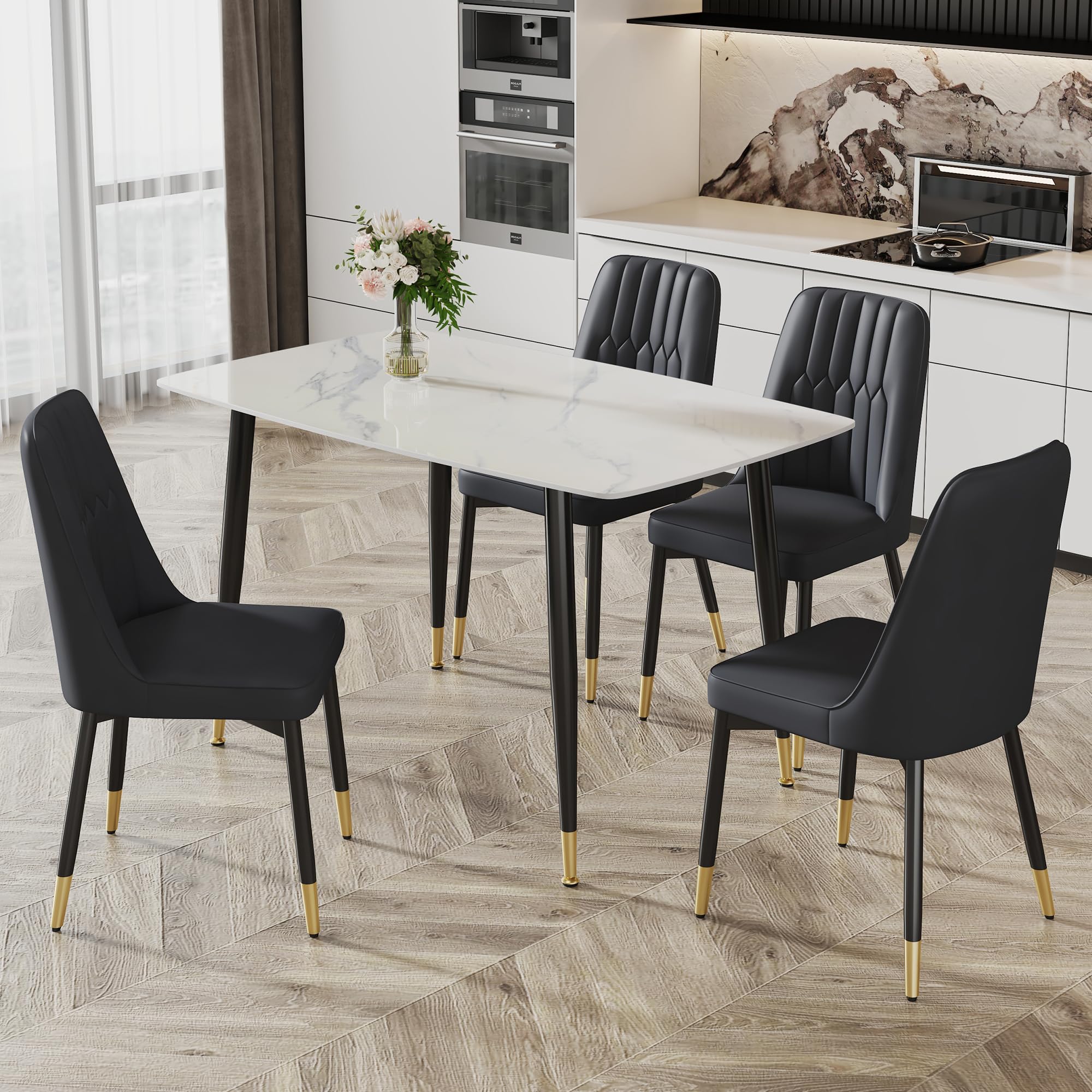 Maotifeys 5 Piece Dining Table Set, Dining Chairs Set of 4, Modern Kitchen Tables Top with Sintered Stone, Metal Base & Legs for Kitchen Dining Room (White5)