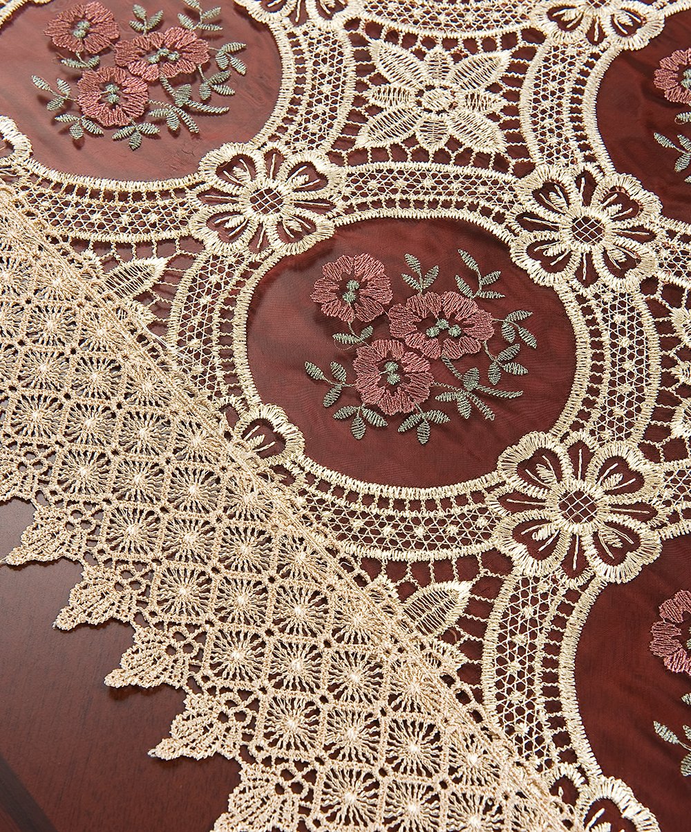 Simhomsen Antique Gold Lace Table Runner Embroidered Burgundy Organza 16 × 90 Inch