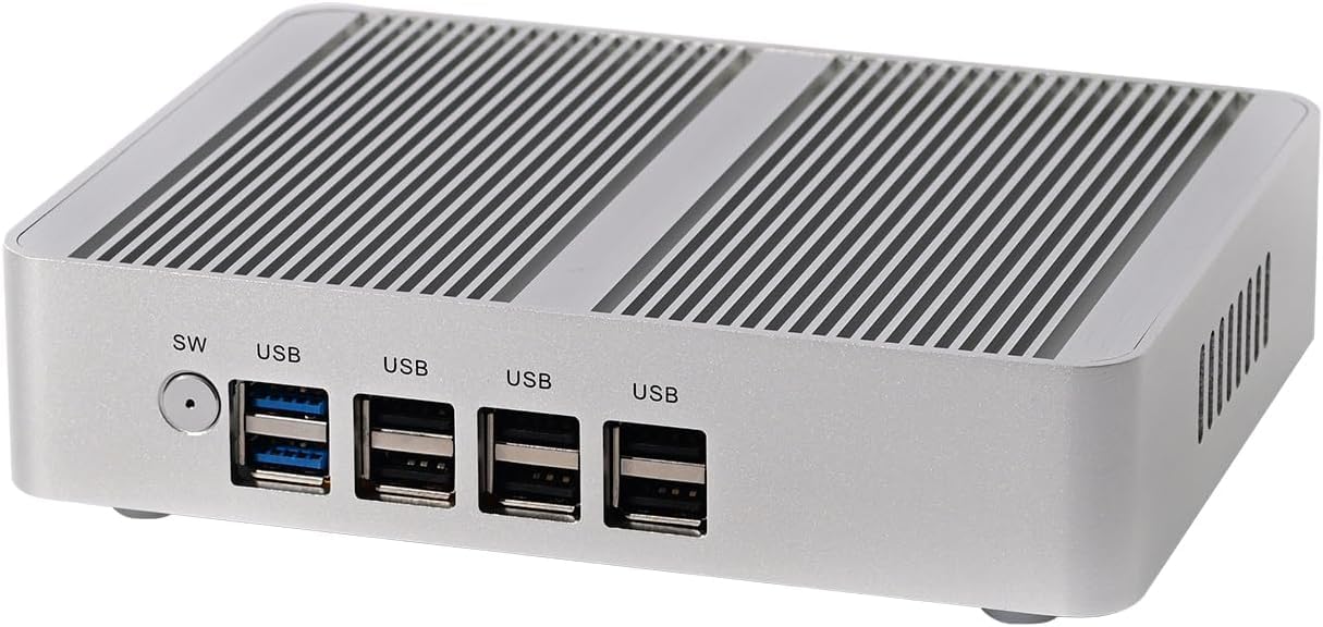 PARTAKER Fanless Mini PC, Desktop Computer, Kodi Box, HTPC, Intel N100, Windows 11 Pro or Linux Ubuntu, B15, 8 x USB, 2 x LAN, 1 x DP, 2 x HDMI, 8G RAM 128G SSD