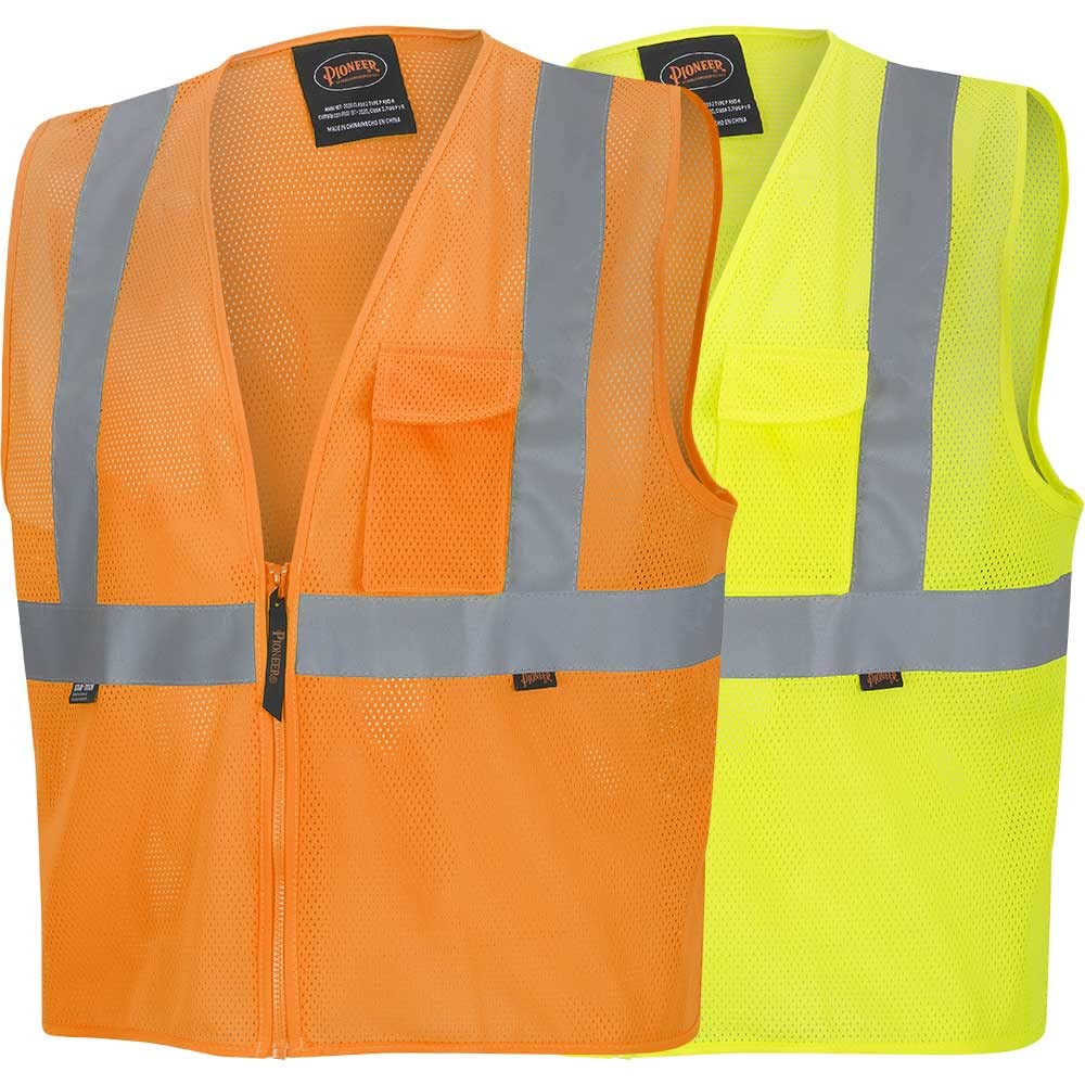 Pioneer High Visibility Safety Vest, Tricot Polyester Mesh, Zip-Up, Reflective Tape, Yellow/Green, Unisex, V1060360U-L, Large