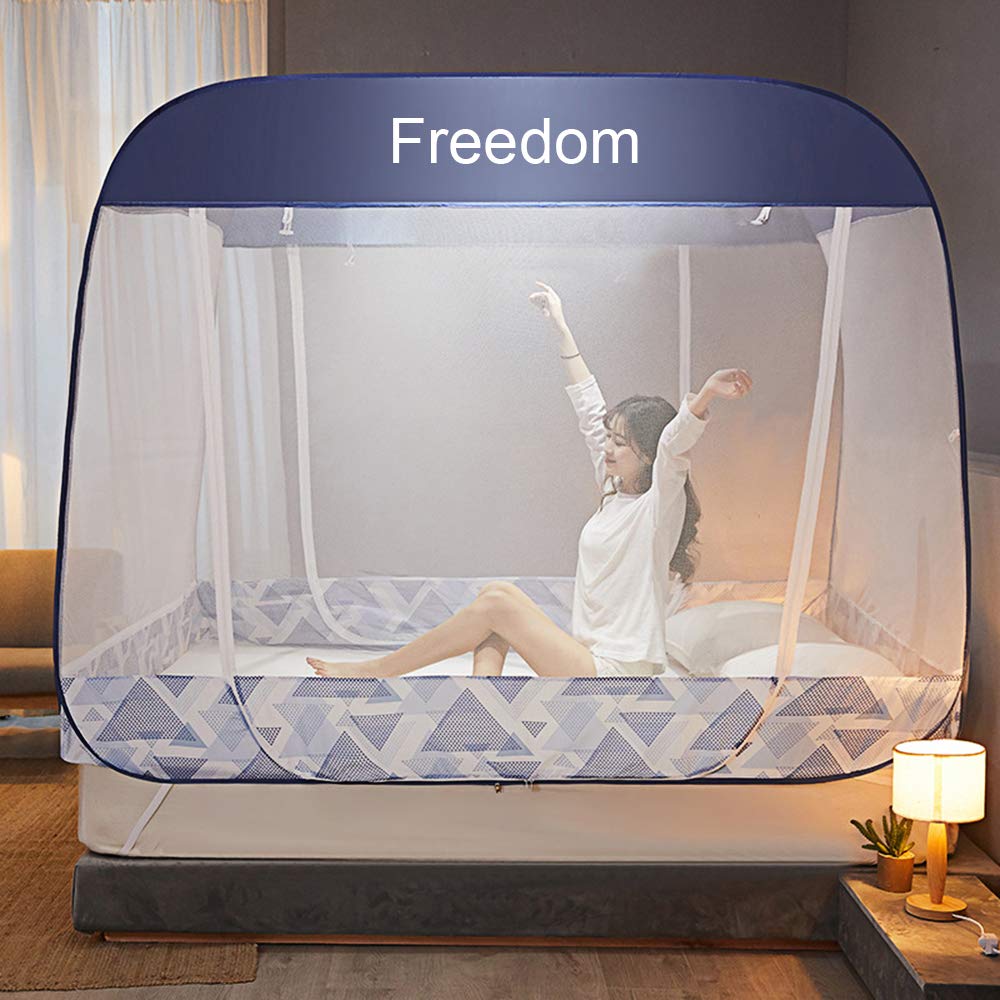 Pop-Up Mosquito Net Tent Canopy for Beds, Self-Standing Tent for Camping, w/Fully Enclosed Net Bottom, Folding Portable Design for Baby Adults Trip (Blue & Queen)