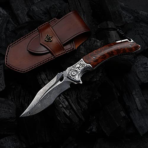 SPIRIT DEED Japanese VG 10 Damascus Steel Folding Knife, Outdoor Wilderness Survival Pocket Knife, Snake Wood Handle Lined Lock, Leather Sheath, EDC Pocket Knife