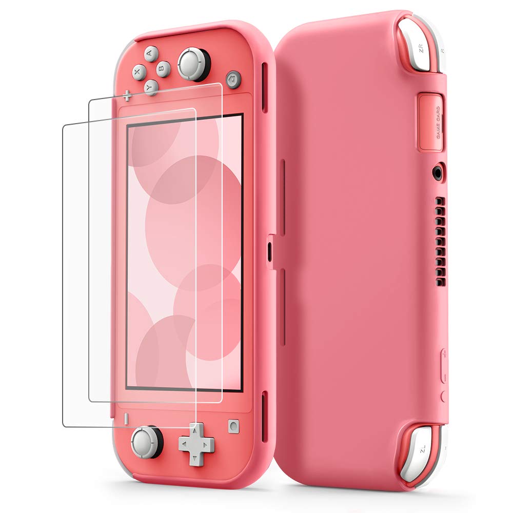 Protective Case for Nintendo Switch Lite, tomtoc Grip Cover with [2PCS] Screen Protector, Premium Liquid Silicone Hard Shell, Shock-Absorption and Anti-Scratch for Switch Lite Console 2019, Coral