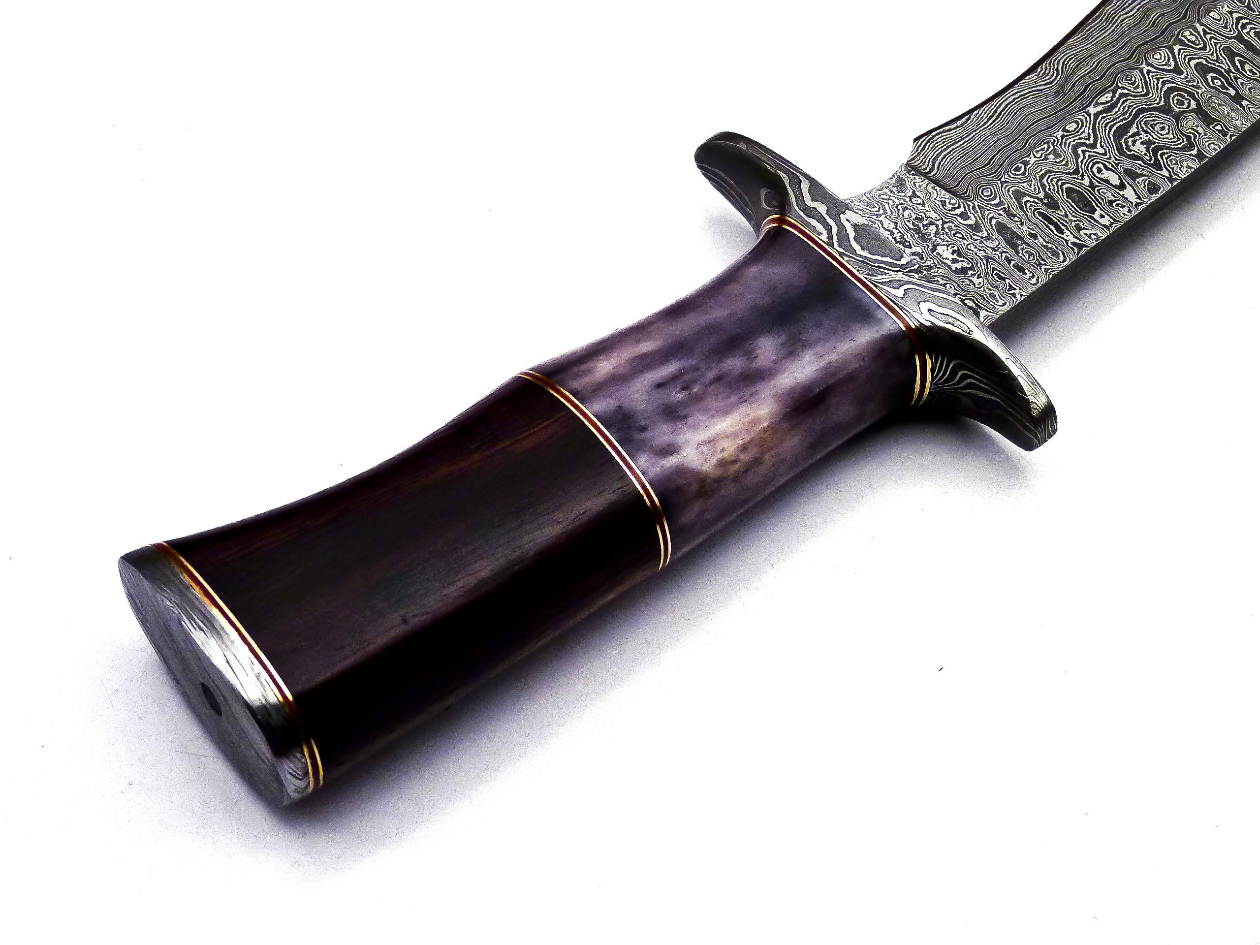 Nooraki BK-42 Handmade Damascus Steel Fixed Blade Bowie Knife with Leather Sheath, Full Tang Multipurpose Knife with Solid Marindi Wood and Bull Horn Bone Handle for Outdoor Use, 15", B/White