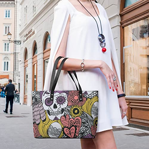Womens Handbag Skull Floral Pattern Leather Tote Bag Top Handle Satchel Bags For Lady