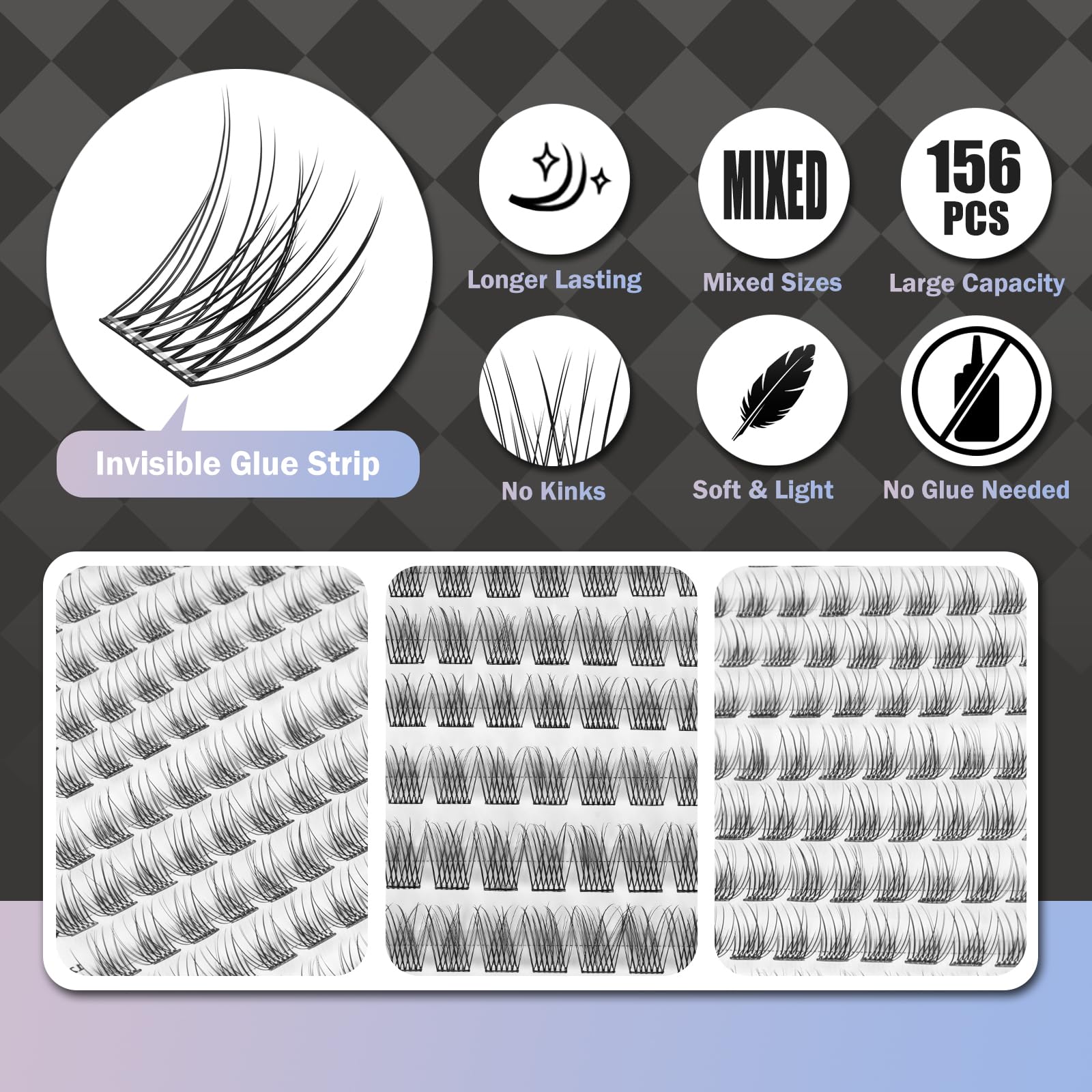 WONSIS Self Adhesive Eyelashes, 156 Pcs Self Adhesive Eyelash Clusters, Fluffy Natural False Eyelashes Strong Hold, Reusable, No Glue Needed,No Sticky Residue Pre Glued Eyelashes