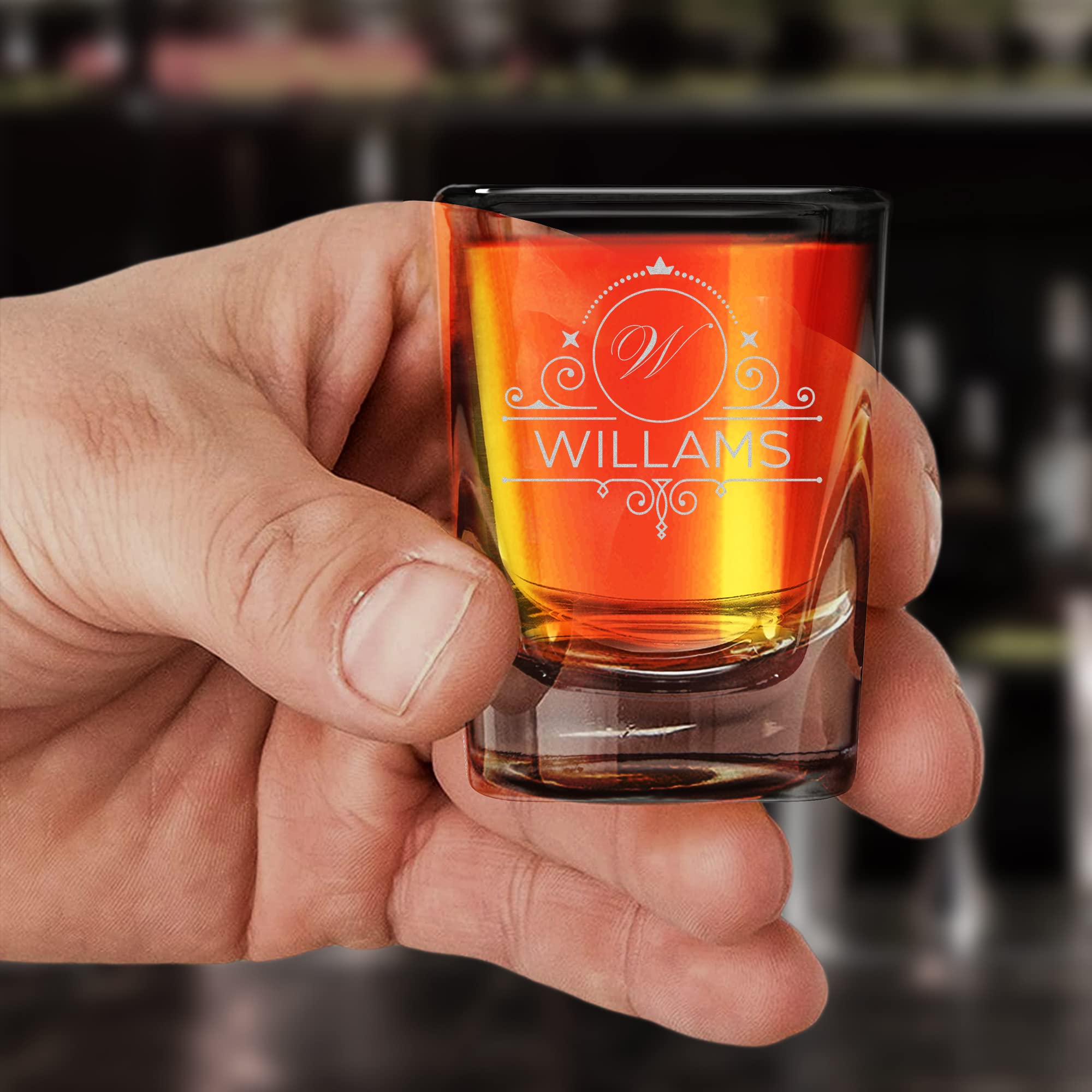 Personalized Monogram Laser Engraved Square Heavy Base Prism Shot Glass 2 oz. with Optional Gift Box, Custom Initial Name Gifts for Him, Her