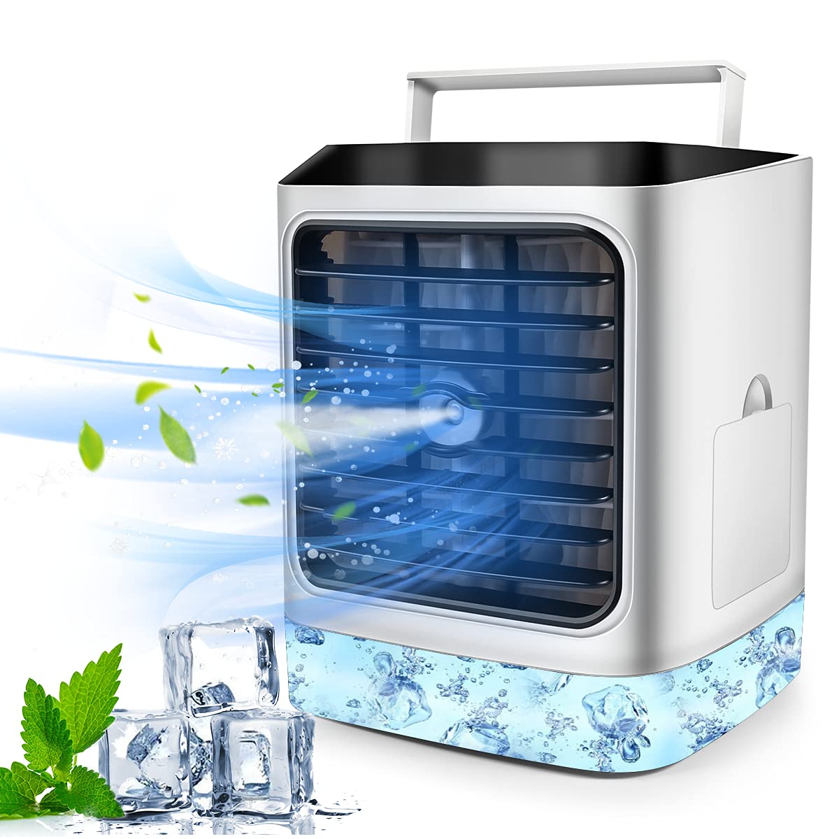 Sticque Portable Air Conditioner, Evaporative Personal Cooler Humidifier, 3 Speeds, 7 Colors LED Light, Freon Free Ice Fan with Handle, Misting Fast Cooling Desktop for Room, Office, Study