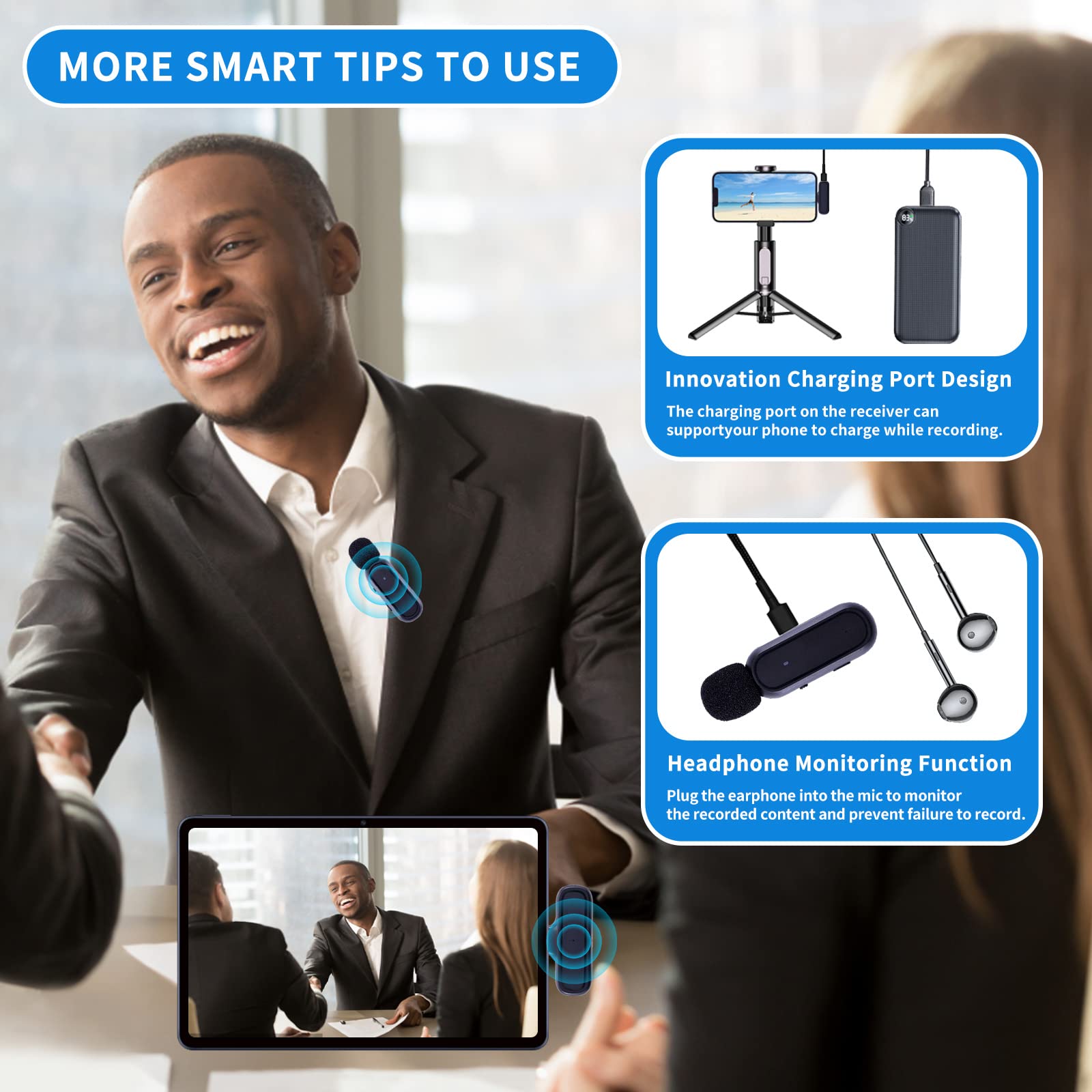 SINWE Clip-on Collar Microphone，Wireless Lavalier Lapel Microphone for iPhone Android &PC， with Charging Case and Monitor Headphone,Recording Mic for Interview Video Podcast Vlog YouTube