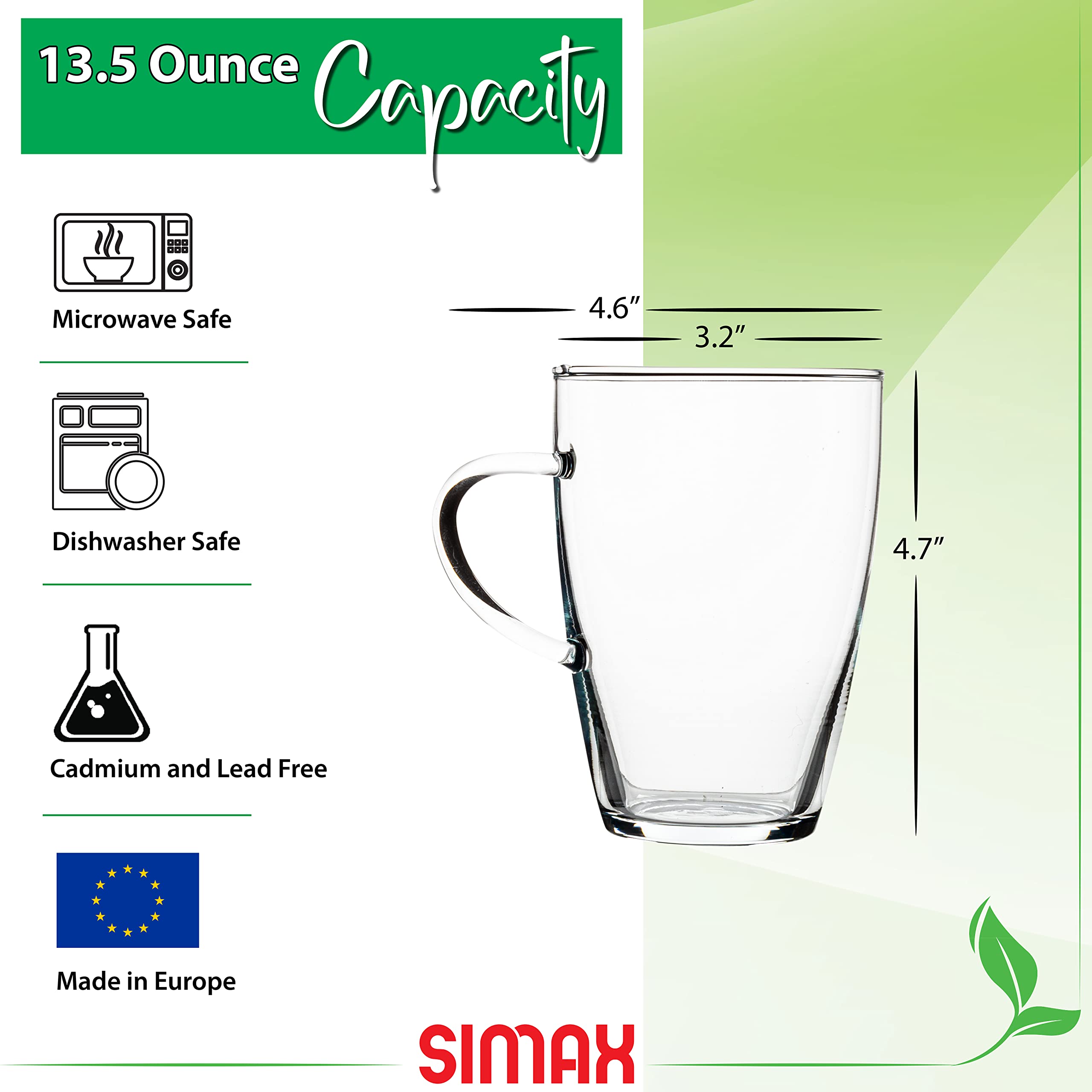 Simax Glass Coffee Mugs, 13.5 Oz Borosilicate Glass Mugs for Hot Beverages, Clear Tea Mug, Mugs for Coffee, Glass Mugs with Handles, Coffee Mug, Clear Coffee Mugs Set of 4