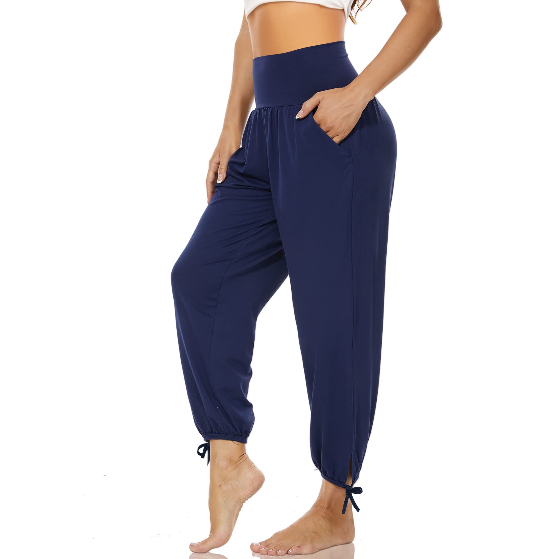 SUNYAA Womens Harem Pants High Waisted with Pockets Soft Comfy Loose Yoga Joggers Casual Lounge Pajamas Sweatpants Navy M