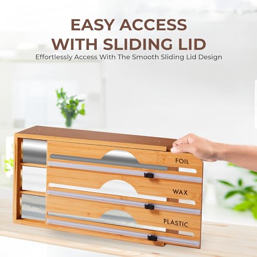 PANDAWOOD 8 IN 1 Storage Bag Organizer - Bamboo Plastic Bag Organizer - Foil Plastic Wrap Dispenser with Cutter - Kitchen Organizers Storage - Kitchen Drawer Organizer For Sandwich Bag, Food Bag